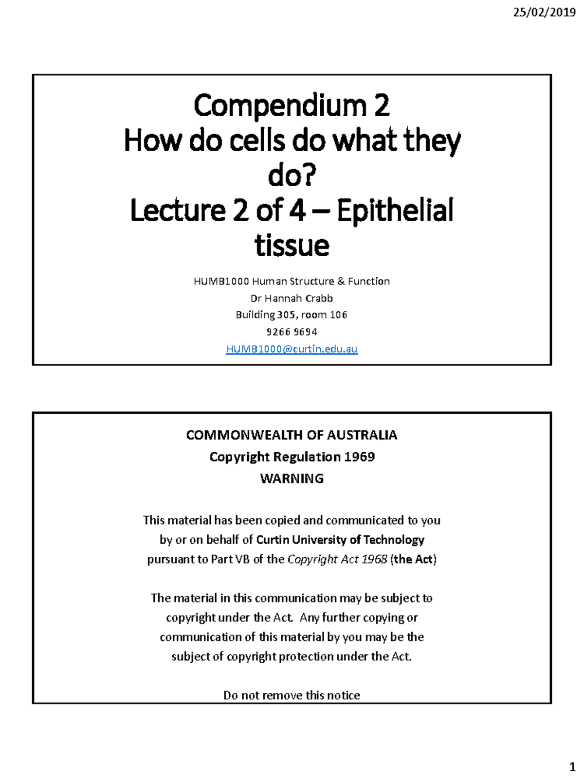 HSF C2 L2 - Epithelial tissue (2019 ) - Compendium 2 How do cells do ...