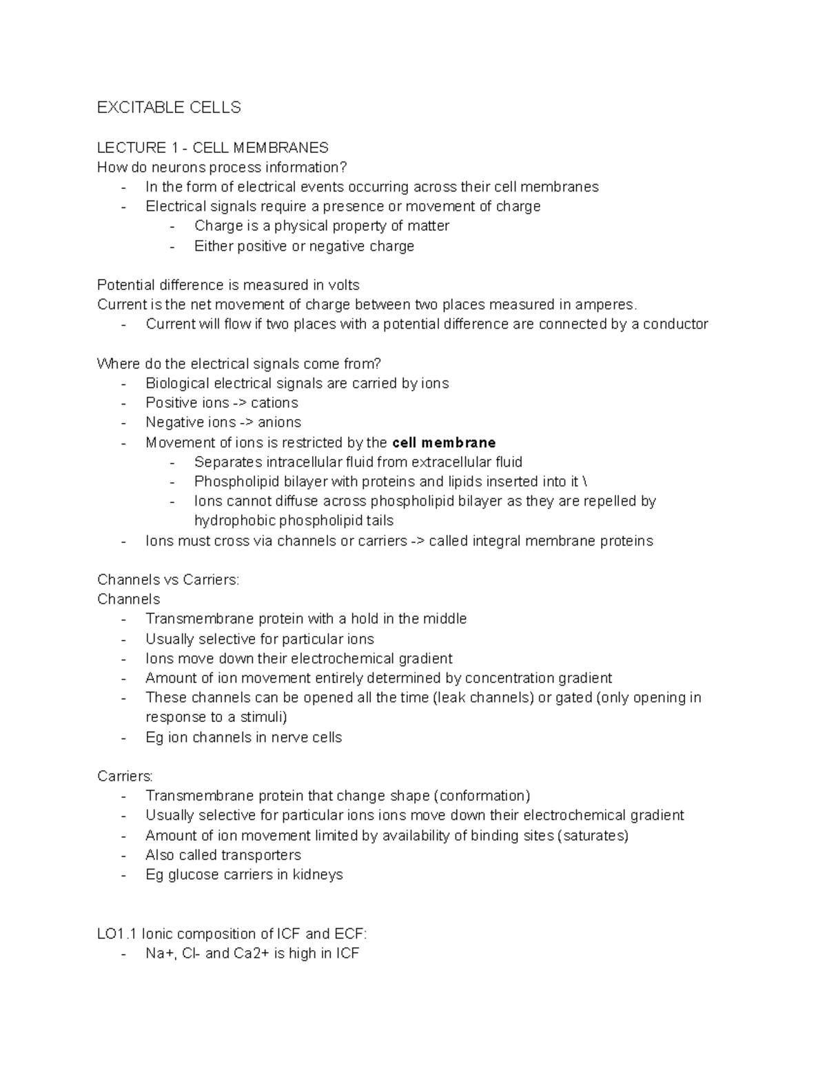 VET200 Quiz 1 LO Summary - EXCITABLE CELLS LECTURE 1 - CELL MEMBRANES ...