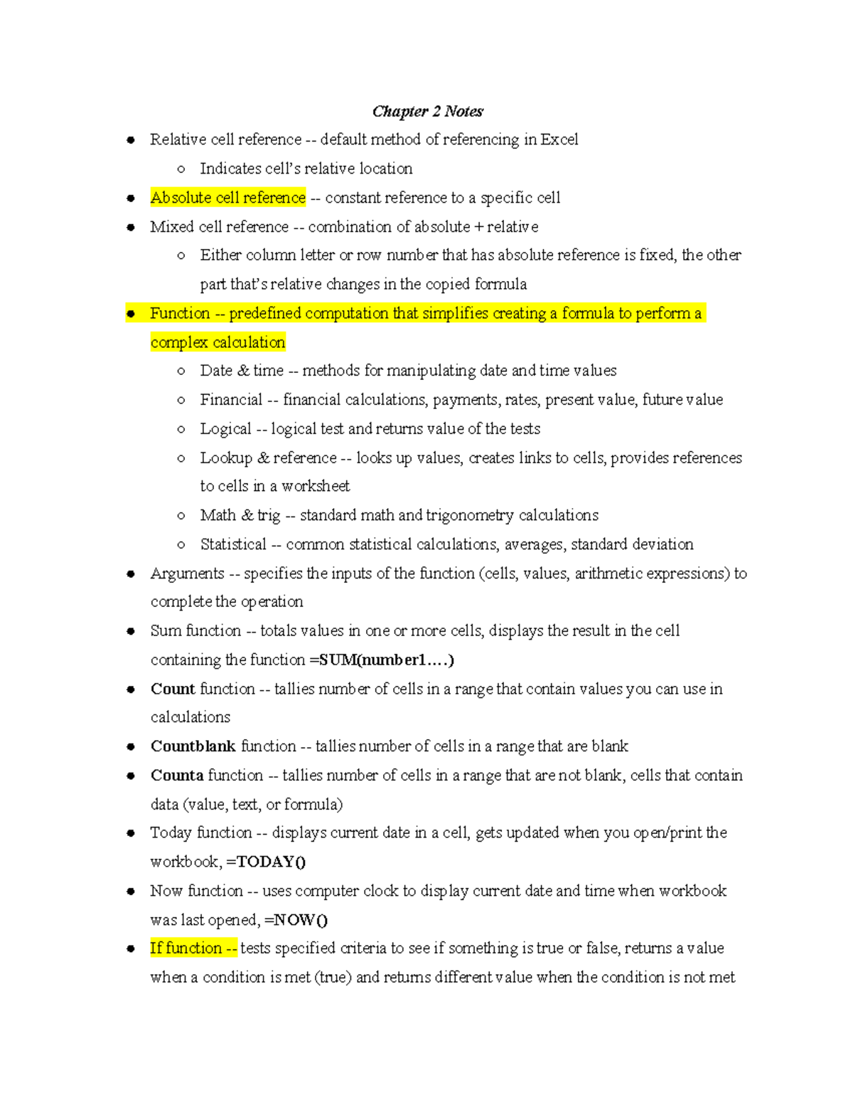 Chapter 2 Notes - Chapter 2 Notes Relative cell reference - default ...