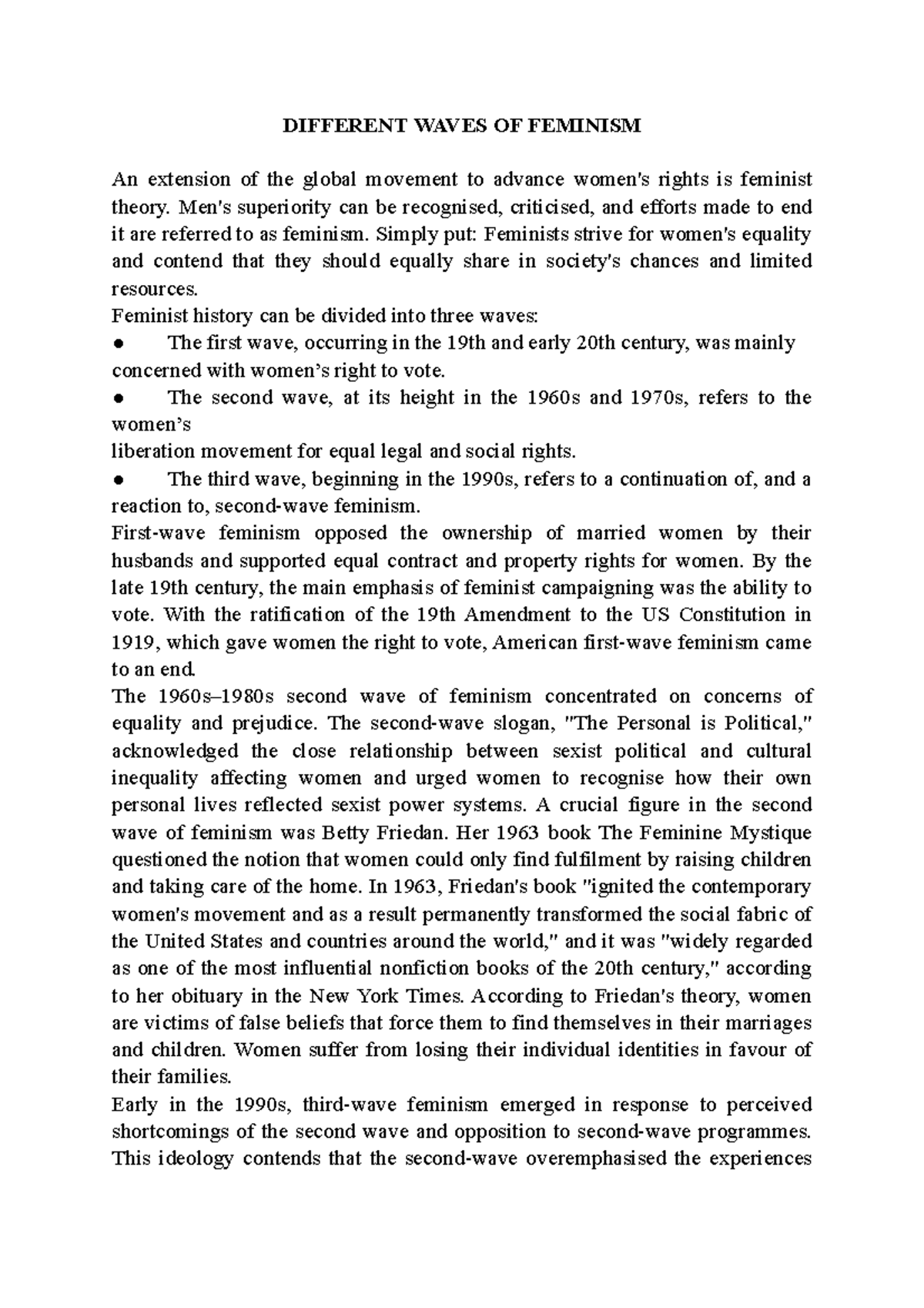 Different Waves OF Feminism - DIFFERENT WAVES OF FEMINISM An extension ...