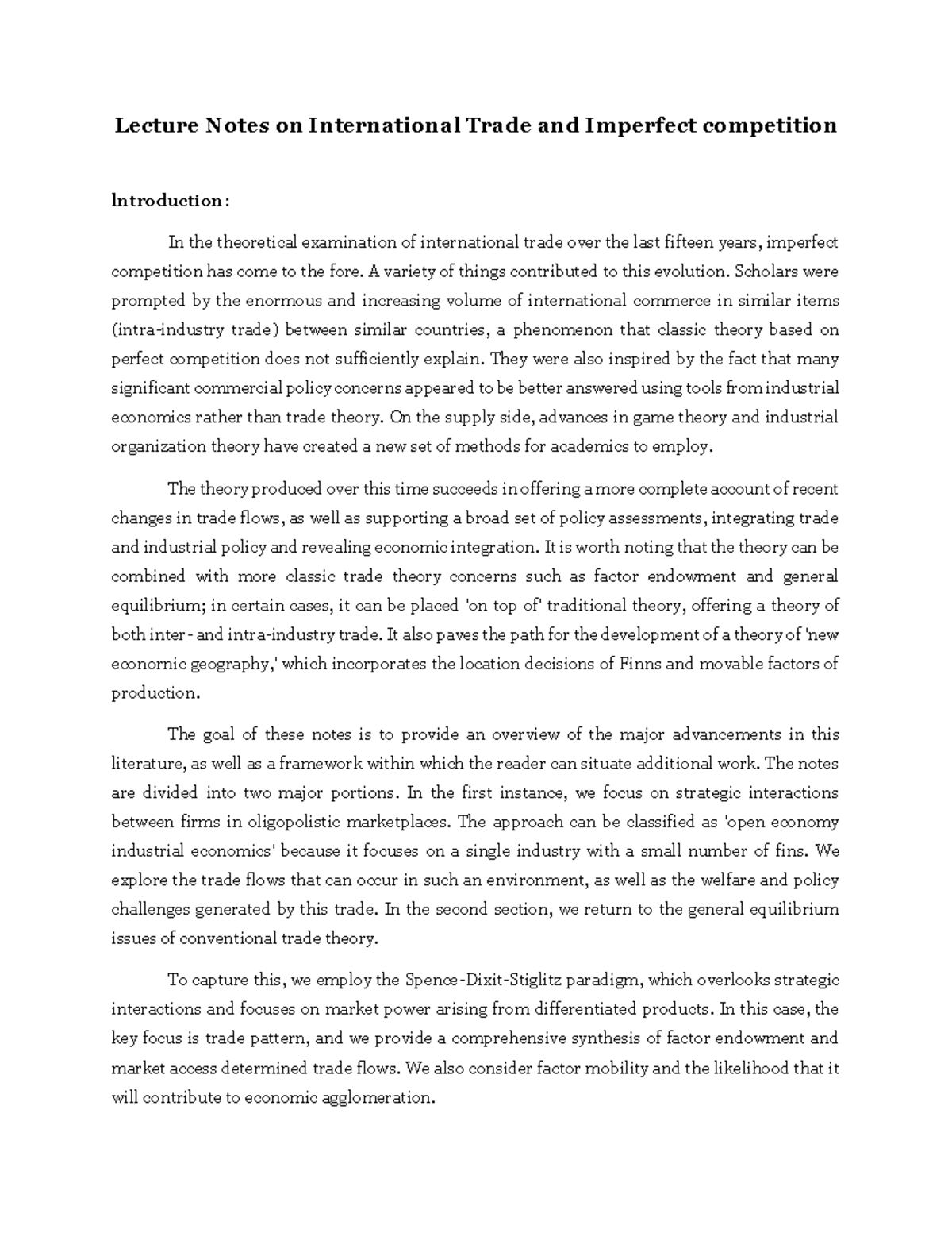 Lecture Notes on International Trade and Imperfect competition - Studocu