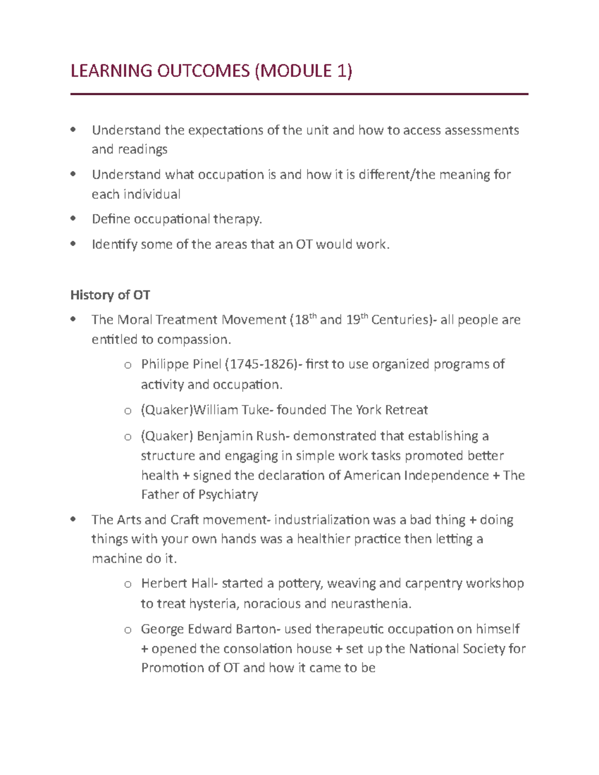 Notes - What is OT? - LEARNING OUTCOMES (MODULE 1) Understand the ...