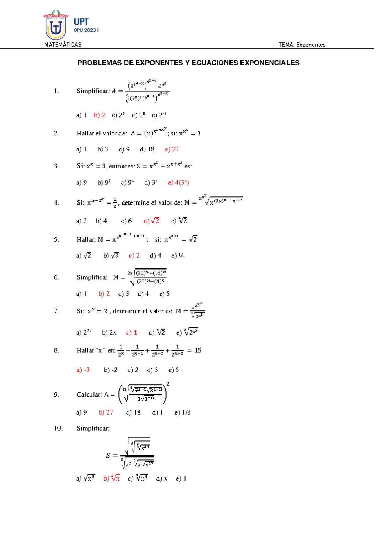 Problemas Propuestos Exponentes MatemÁticas Tema Exponentes