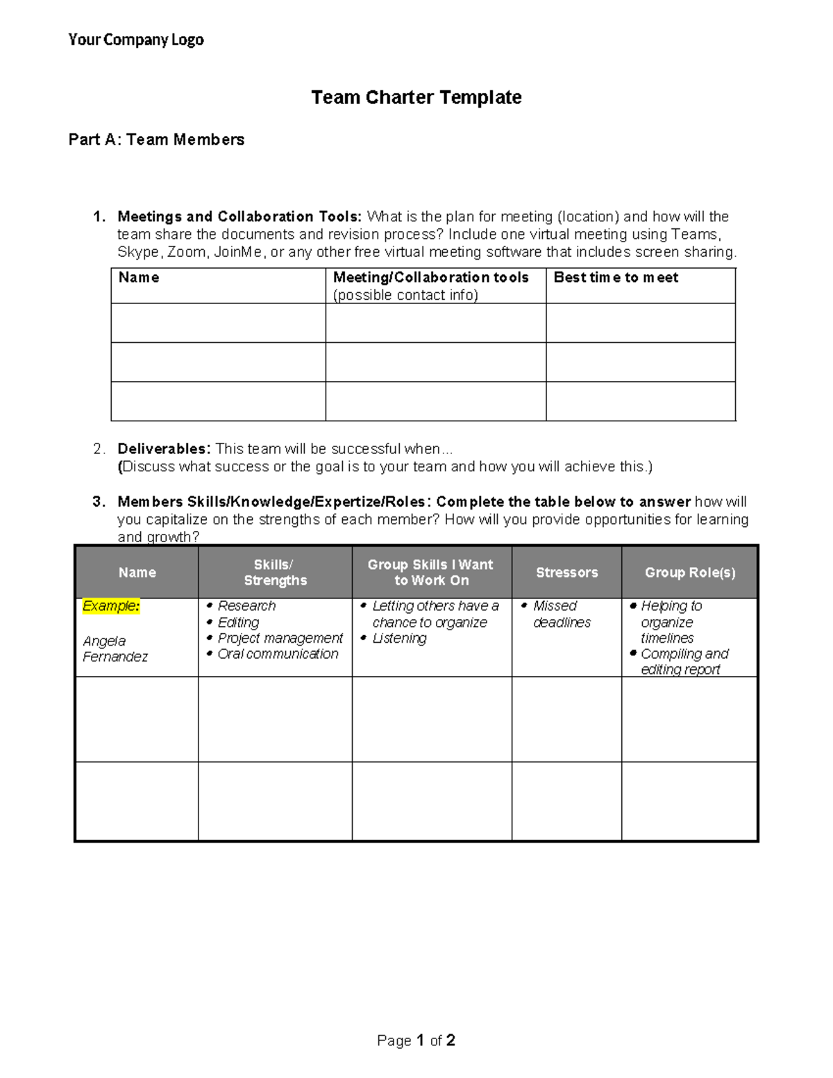Team Charter Template 1 - Your Company Logo Team Charter Template Part ...