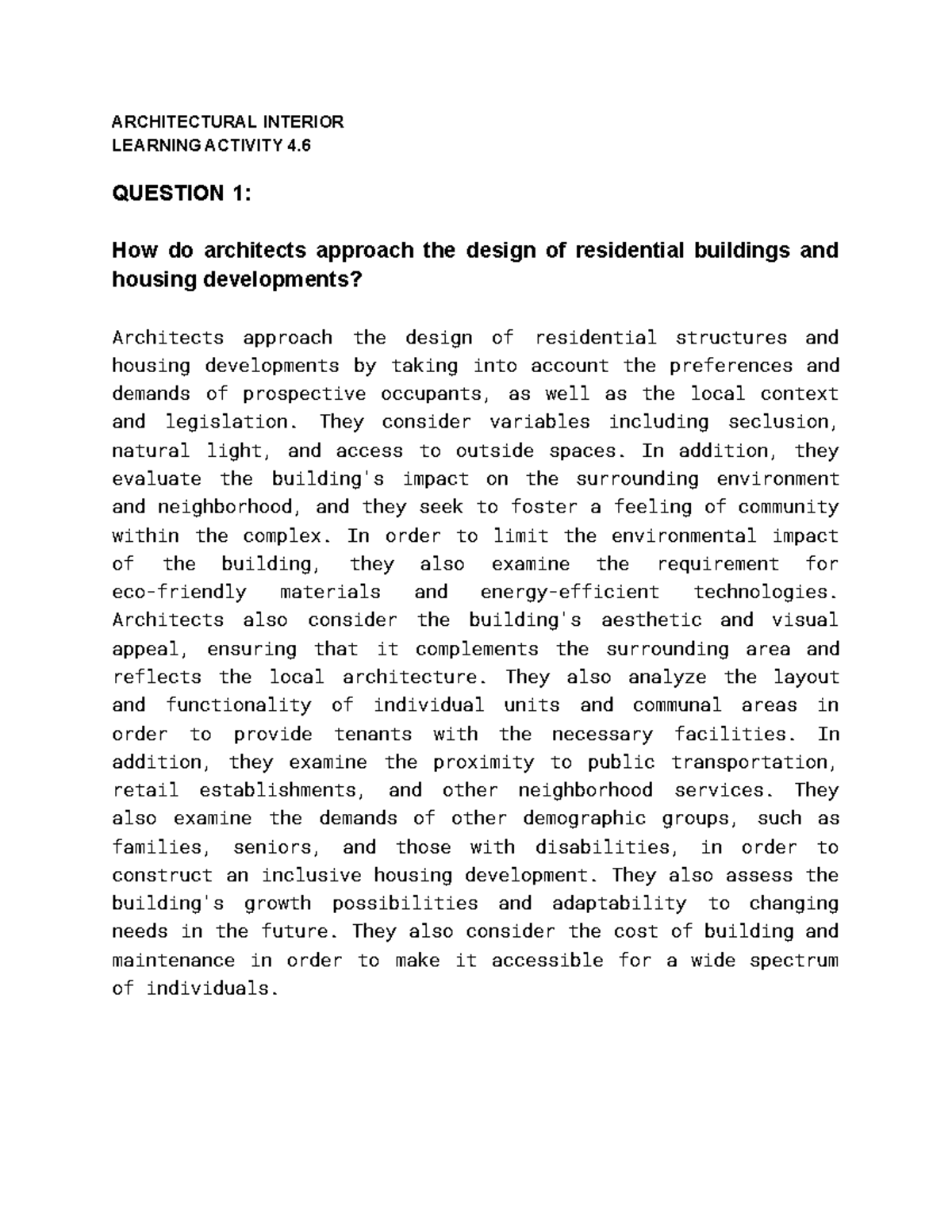 Learning Activity 4.6 Architectural Interior - ARCHITECTURAL INTERIOR ...