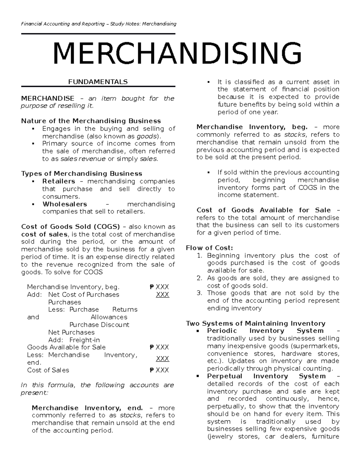 FAR-SN L01 - Merchandising - Financial Accounting and Reporting – Study ...