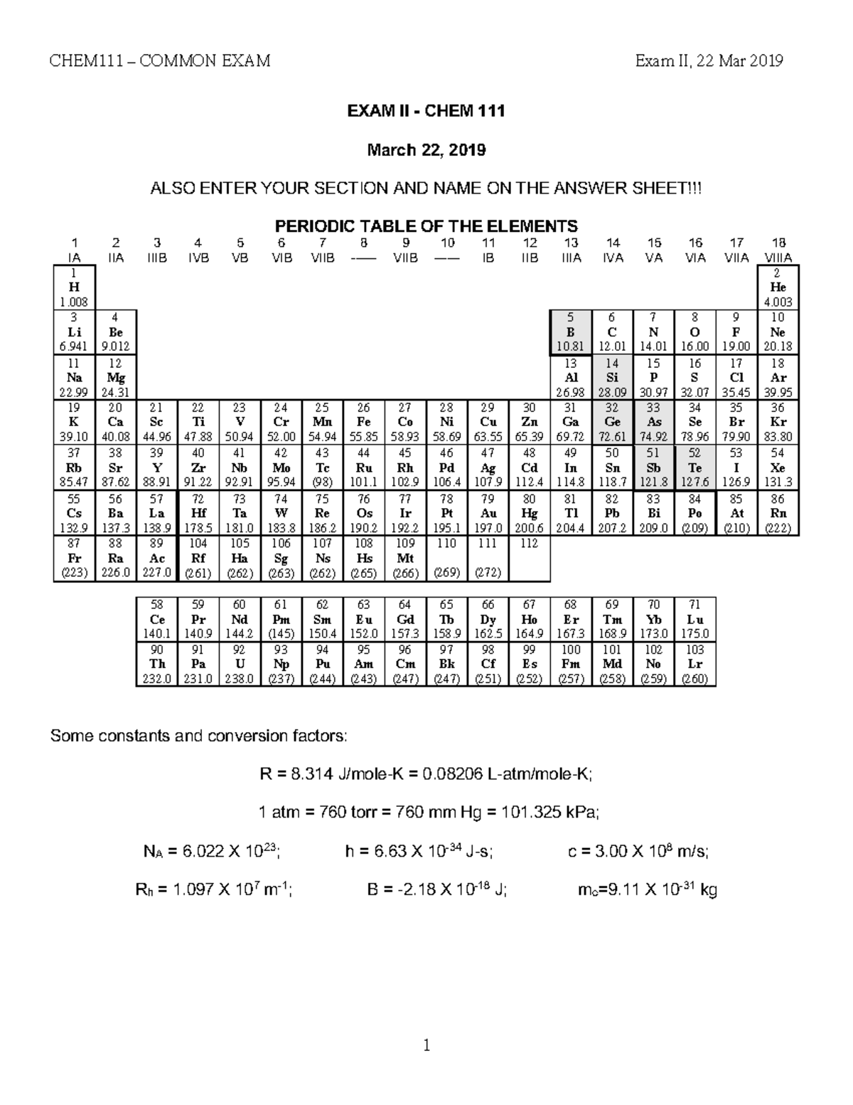 CHEM 112 Practice Tests - EXAM II - CHEM 111 March 22, 2019 ALSO ENTER ...