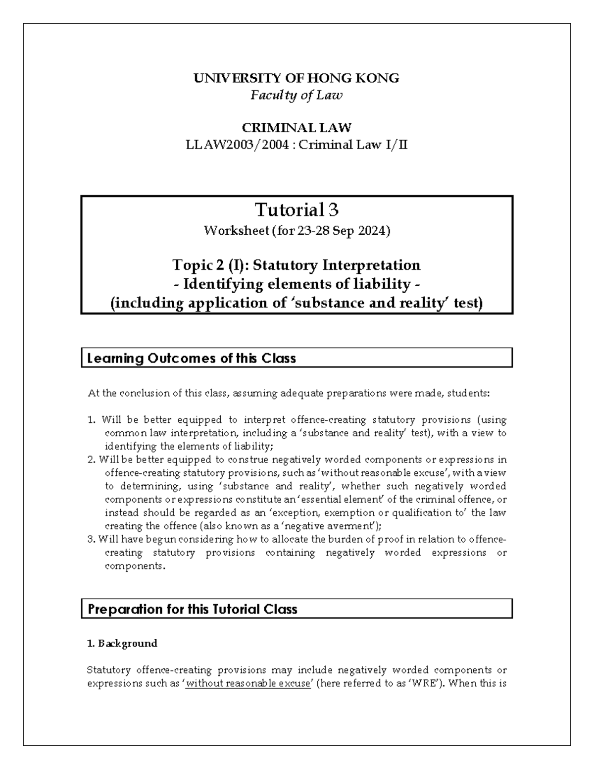 Criminal law tutorial 3 ws - UNIVERSITY OF HONG KONG Faculty of Law ...