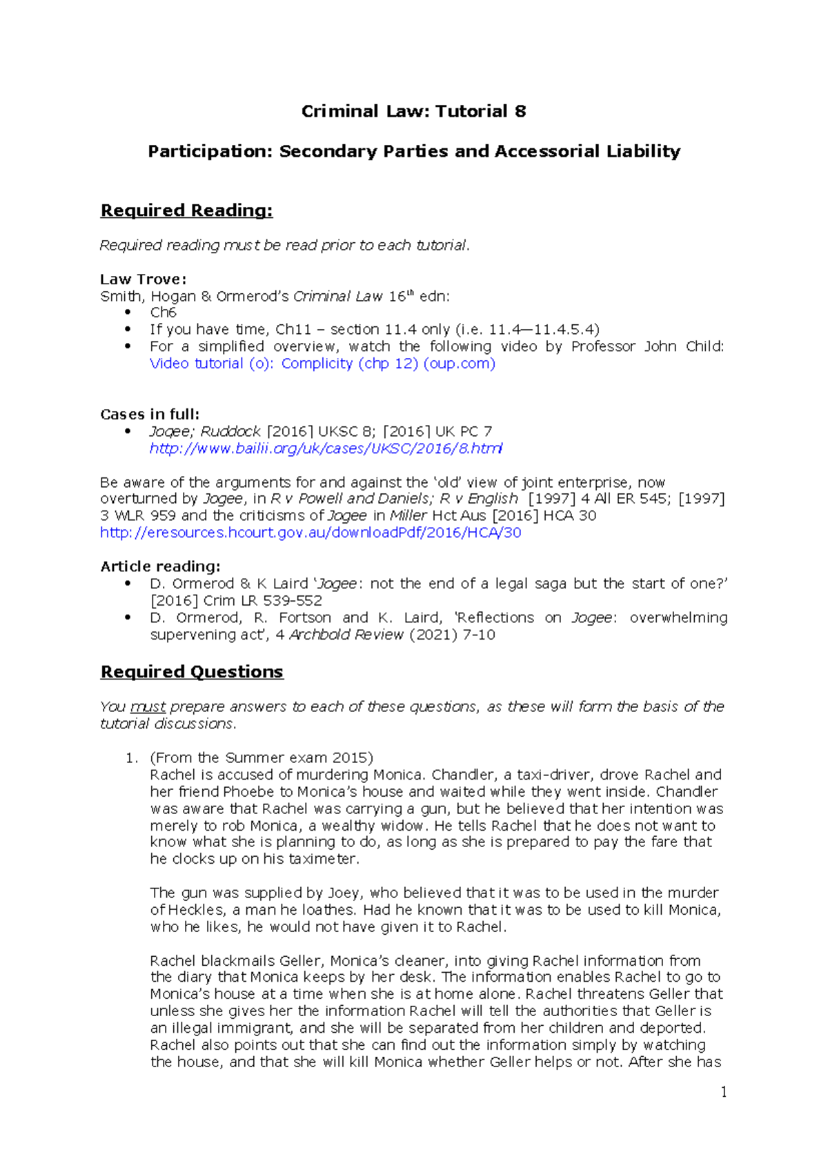 Criminal Law T8 2023-24 - Criminal Law: Tutorial 8 Participation: Secondary Parties and ...
