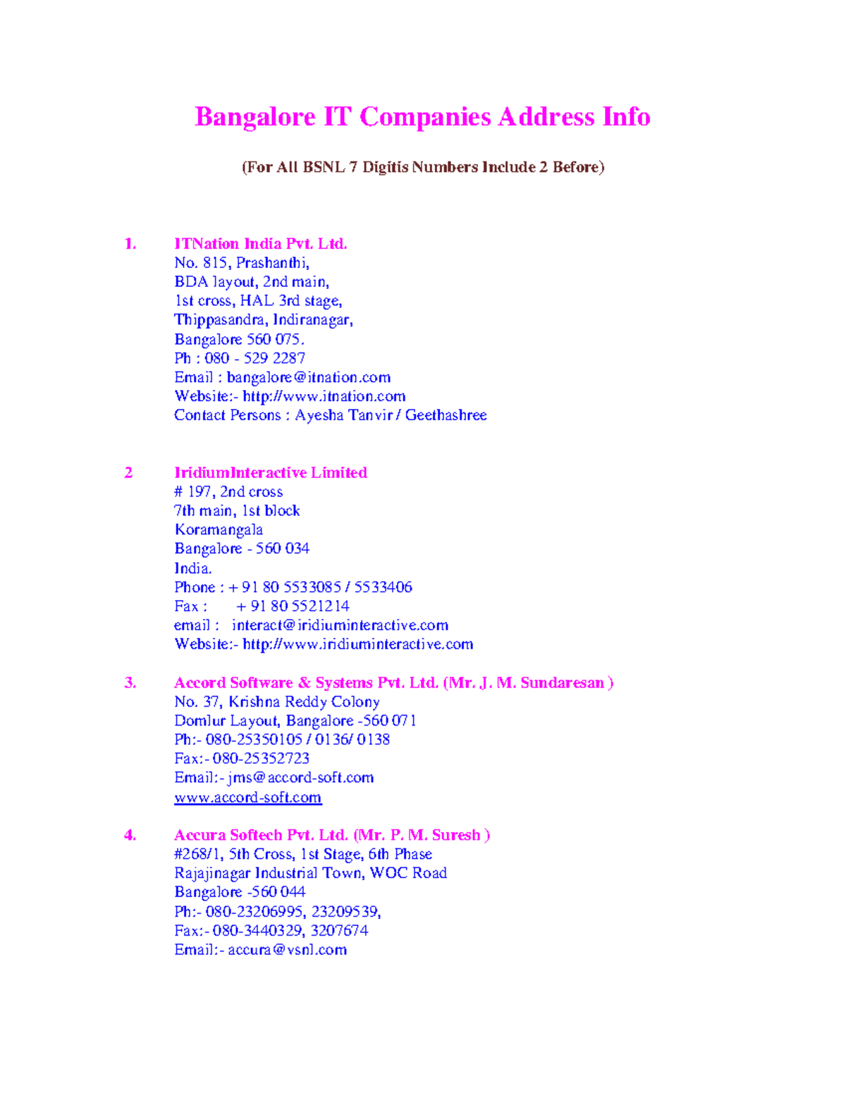Banglore IT Companies List - Bangalore IT Companies Address Info (For ...