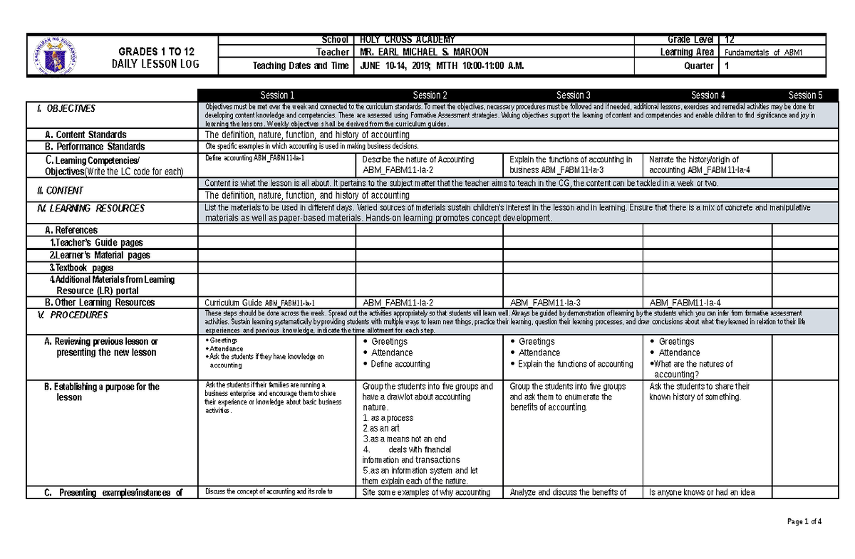 Pdfcoffee - accounting - Page 1 of 4 GRADES 1 TO 12 DAILY LESSON LOG ...