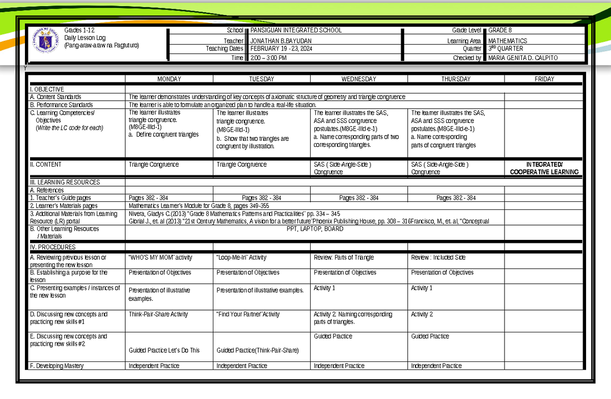WEEK 2 - Q3 - MATH 8 - DLL MATH 8 - Grades 1- Daily Lesson Log (Pang ...