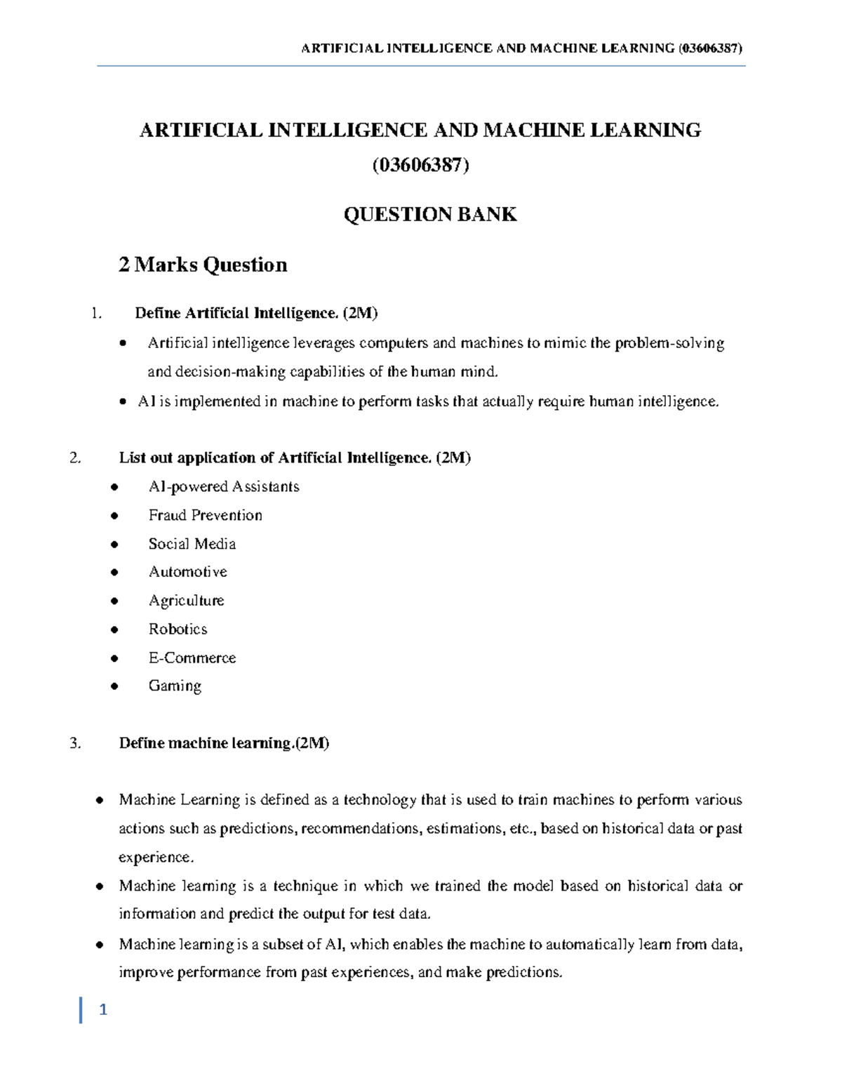 AI ML Question bank - ARTIFICIAL INTELLIGENCE AND MACHINE LEARNING (03606387) QUESTION BANK 2 ...