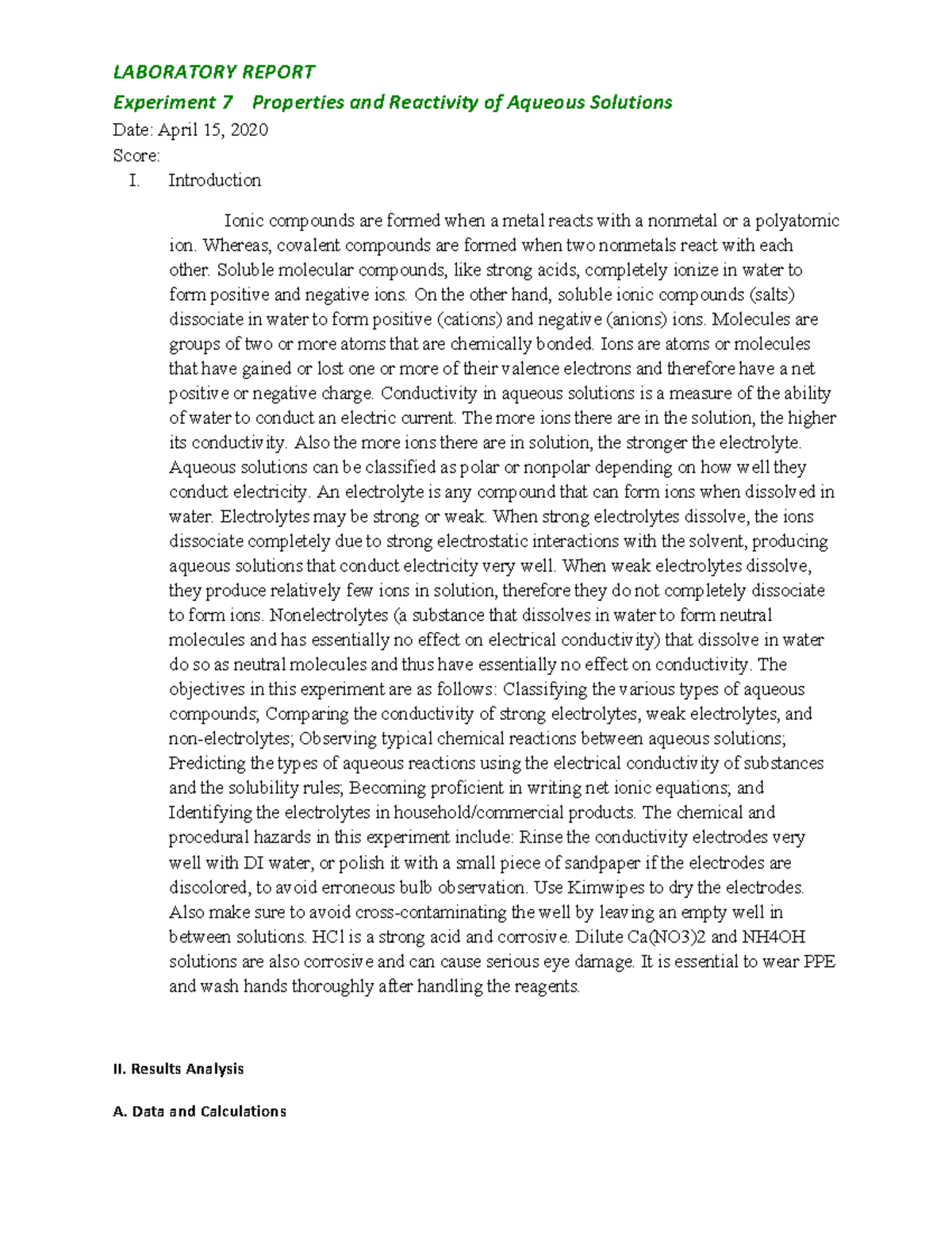 Lab Report 7 - lab 7 - LABORATORY REPORT Experiment 7 Properties and Reactivity of Aqueous ...