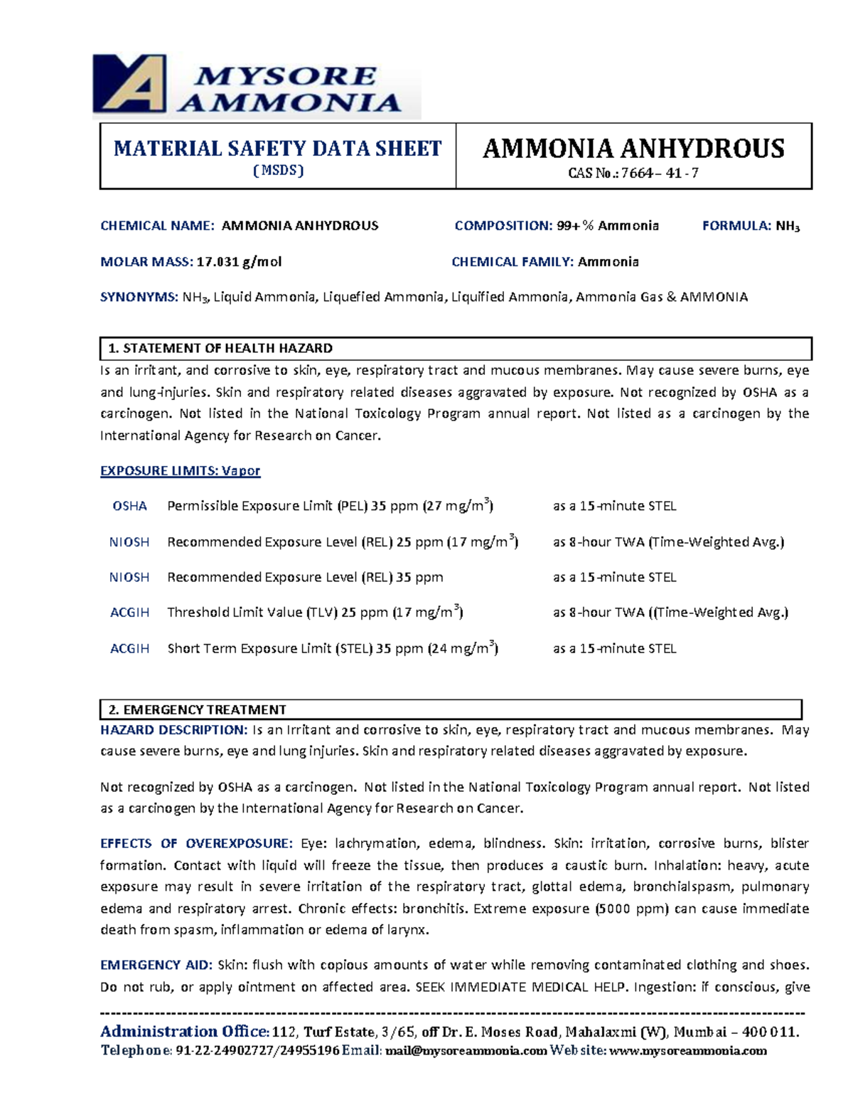 Anhydrous-ammonia-msds - MATERIAL SAFETY DATA SHEET ( MSDS ) AMMONIA ...