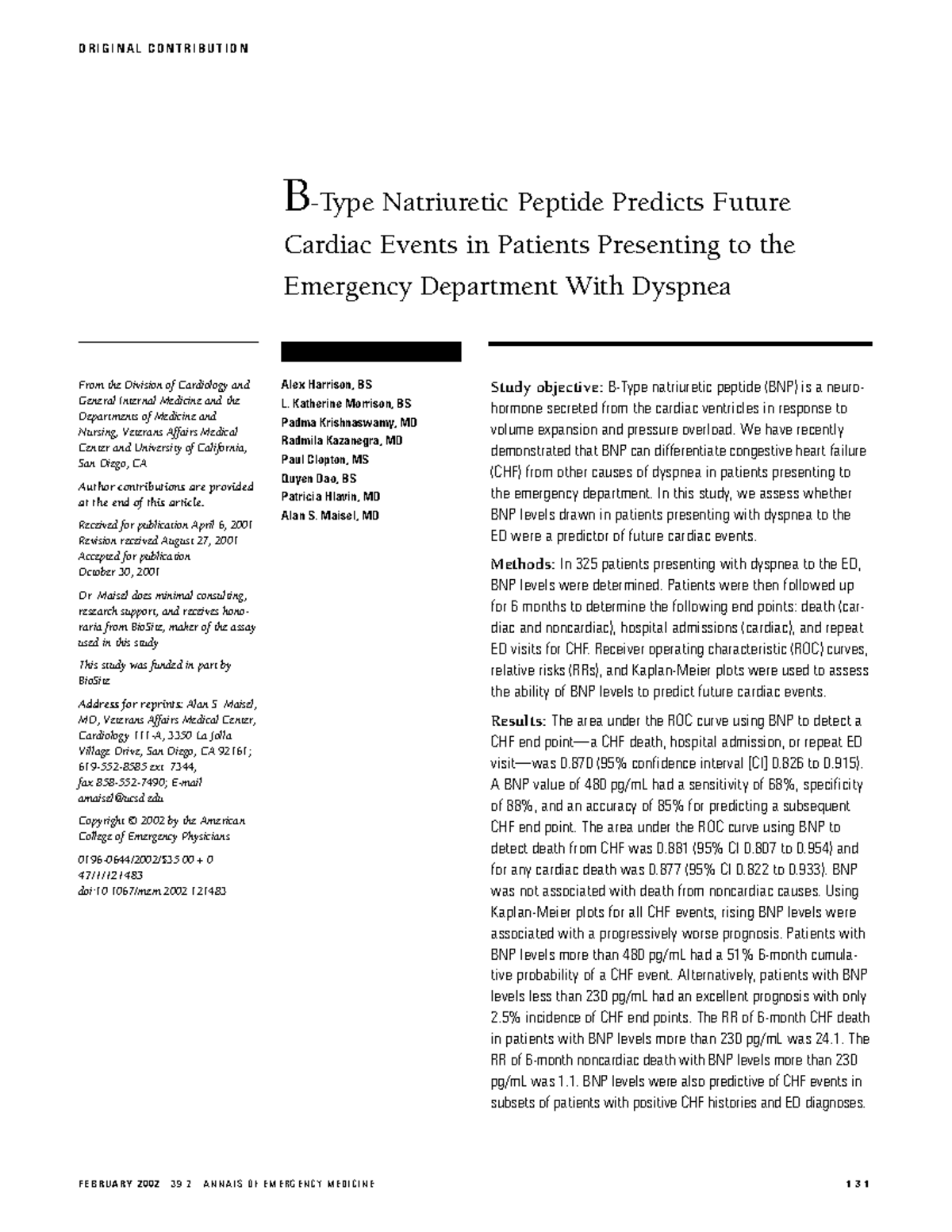 B type natriuretic peptide predicts futu - ####### F E B R U A R Y 2 0 ...