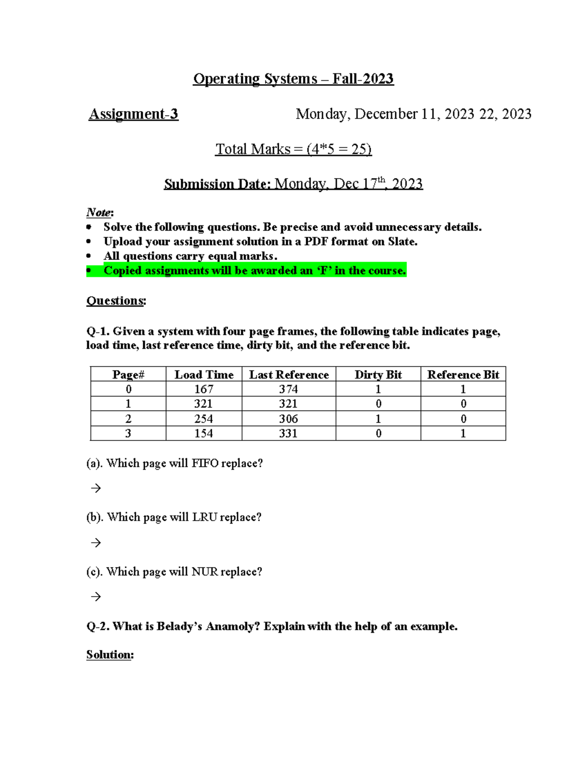 Assing-3 - MM - Operating Systems – Fall- Assignment-3 Monday, December 11, 2023 22, 2023 Total ...