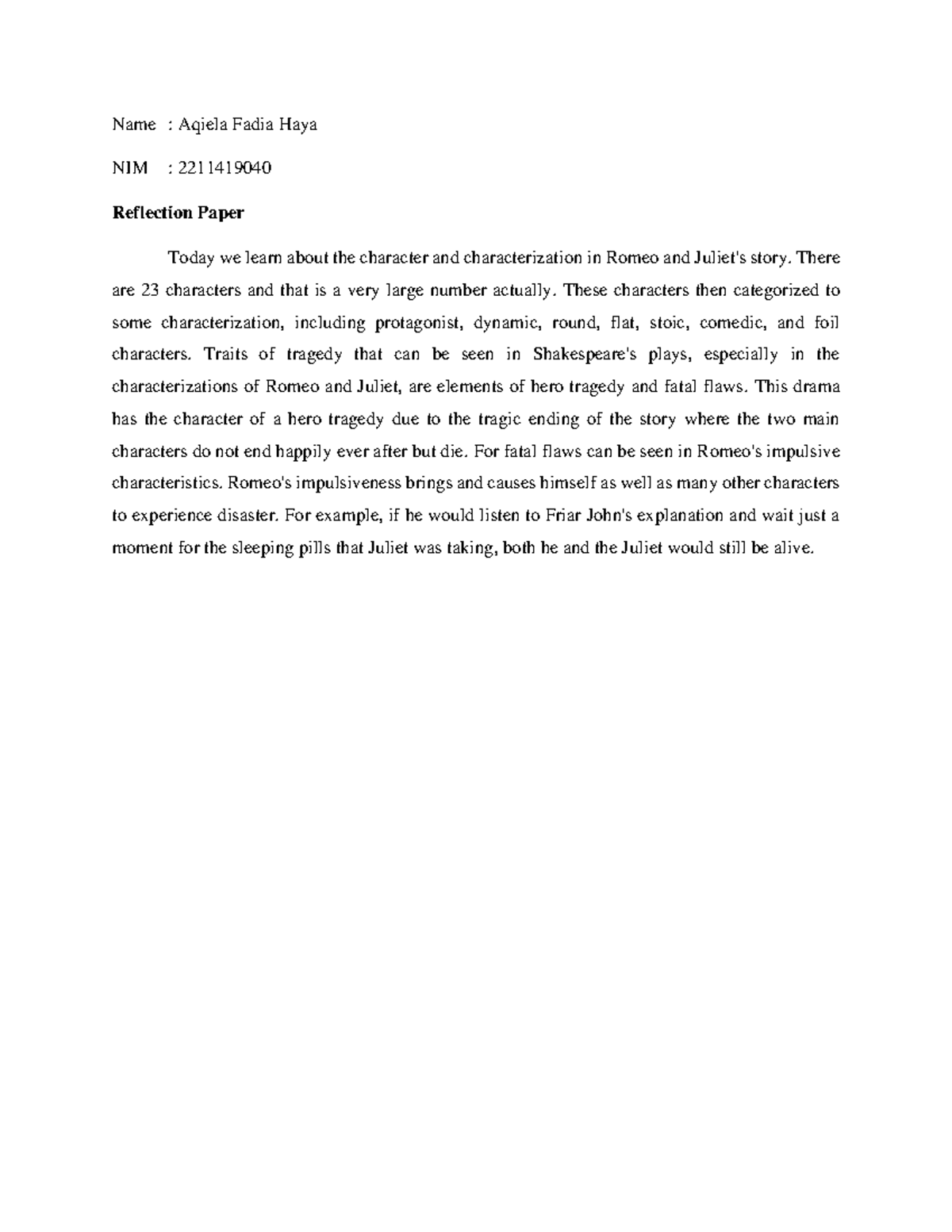 Reflection Paper on Characterization in Romeo and Juliet - Name ...