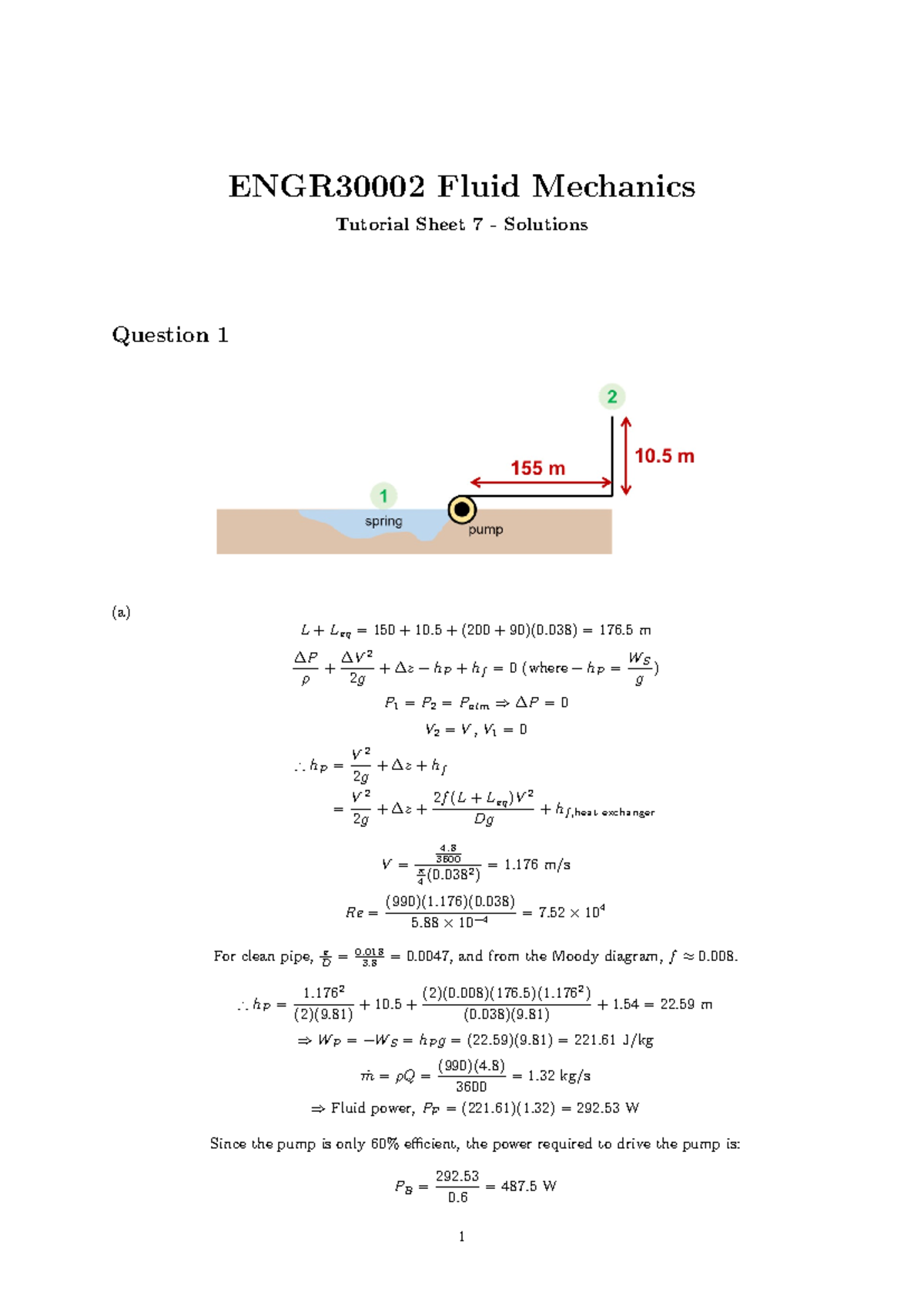 Tutorial 7 Solutions - ENGR30002 Fluid Mechanics Tutorial Sheet 7 - Solutions Question 1 (a) L ...