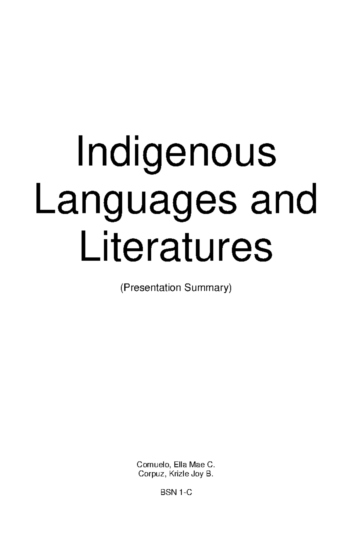 Indigenous Languages and Literatures Summary 1 - Indigenous Languages ...