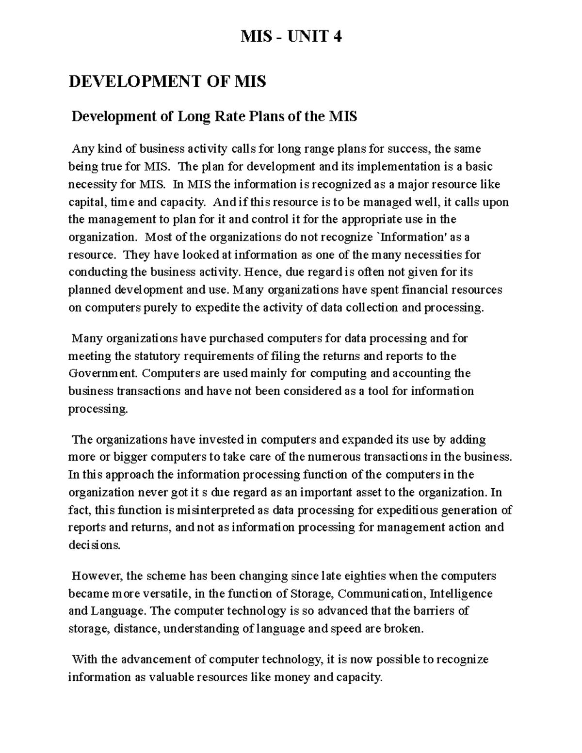 MIS Notes Unit 4 - MIS - UNIT 4 DEVELOPMENT OF MIS Development of Long ...