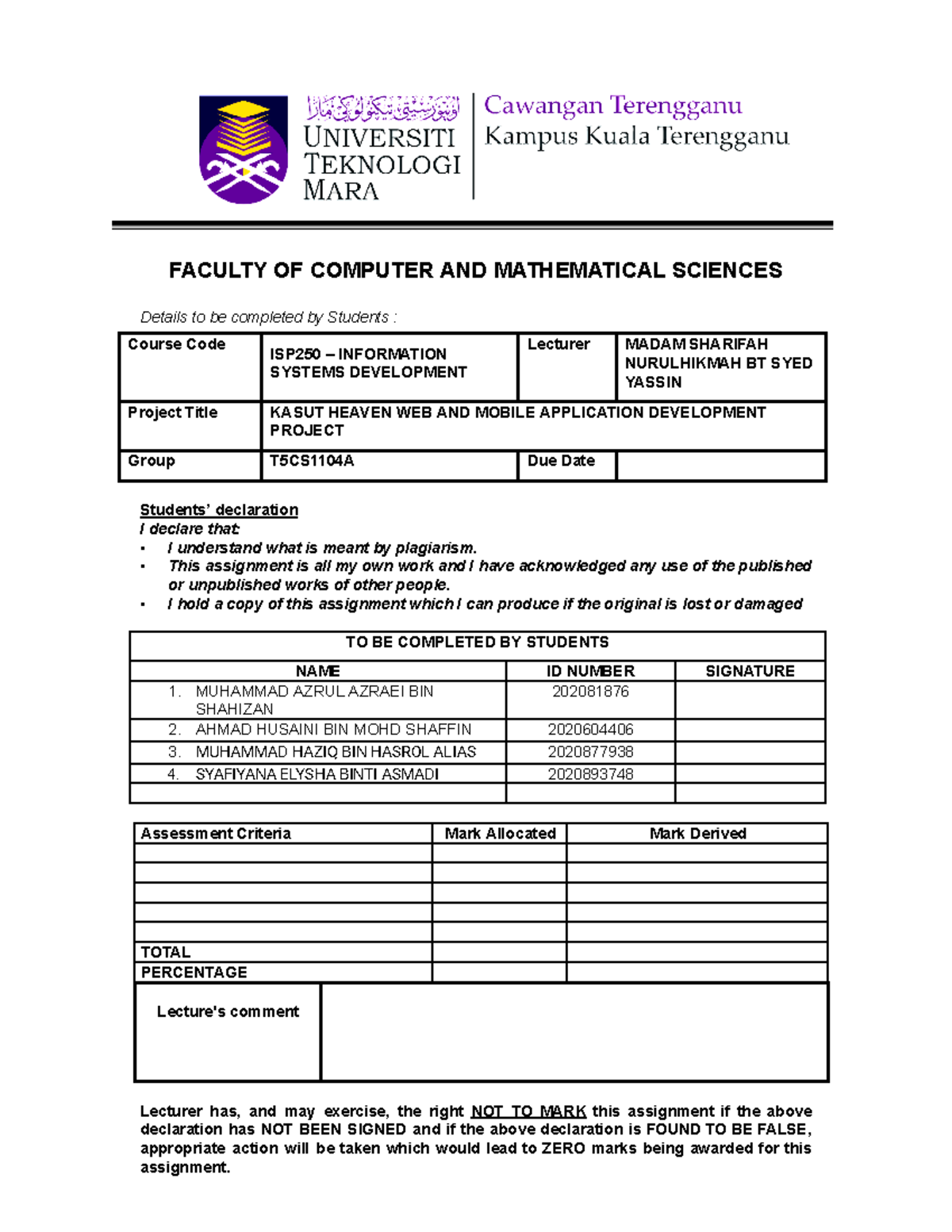 ISP250 Group Project FULL REPORT a - FACULTY OF COMPUTER AND ...