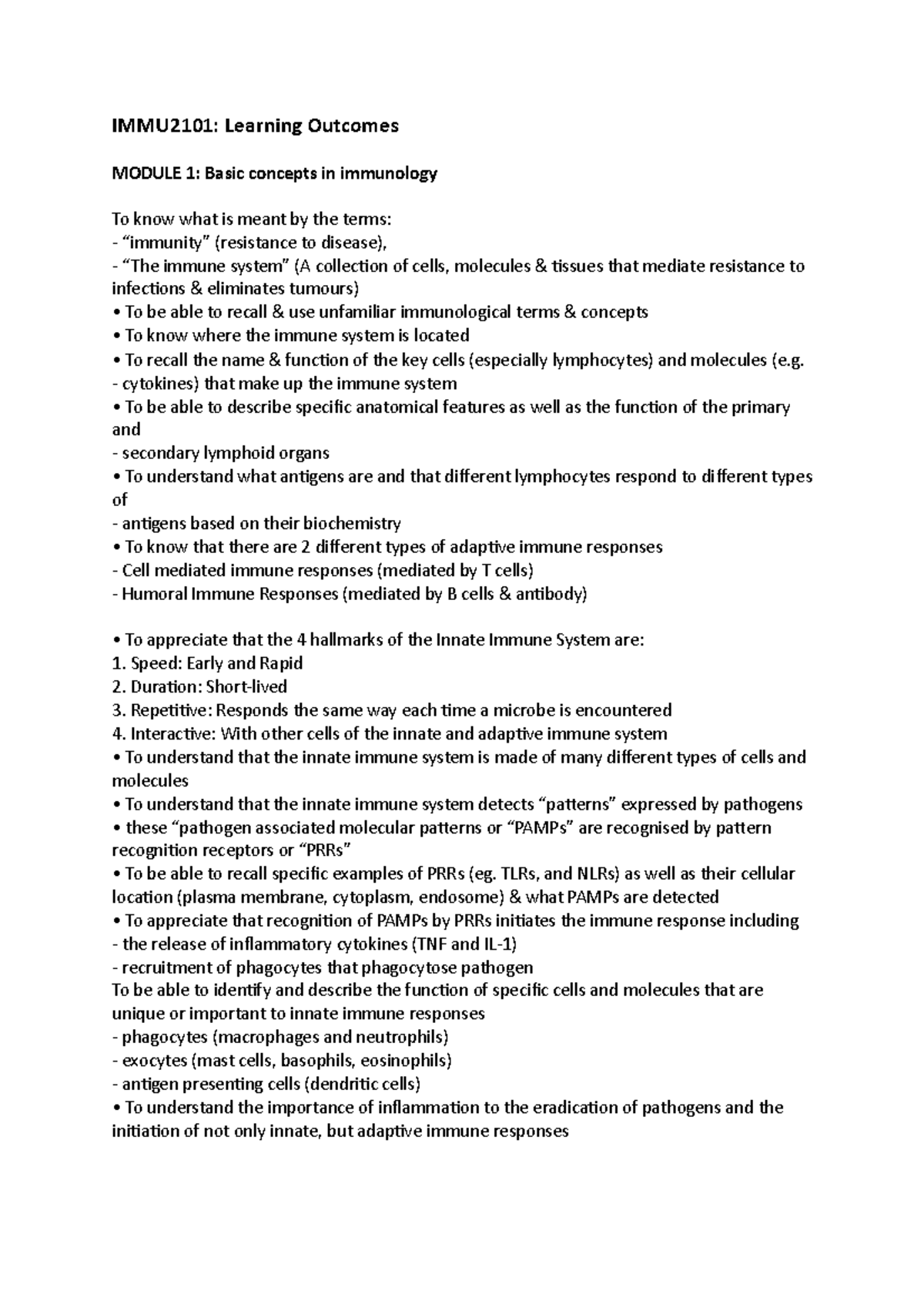 IMMU2101 Learning Objectives - IMMU2101: Learning Outcomes MODULE 1 ...