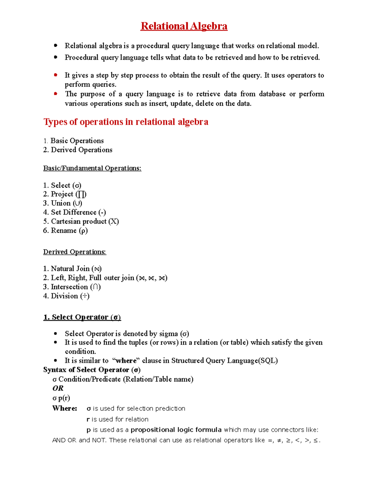 2.1 Relational Algebra - Relational Algebra Relational algebra is a procedural query language ...