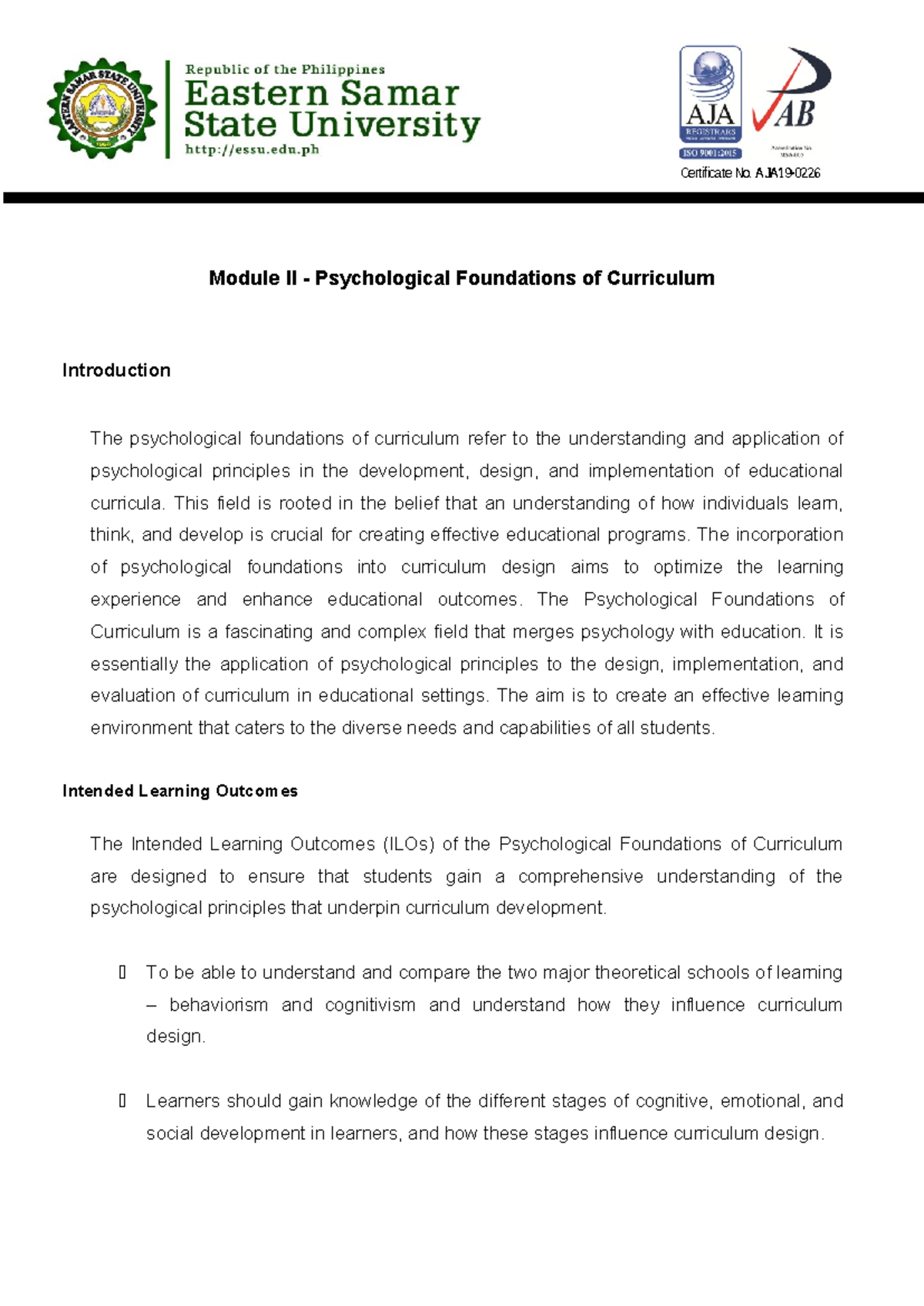 Module II Psychological Foundations of Curriculum - Module II ...
