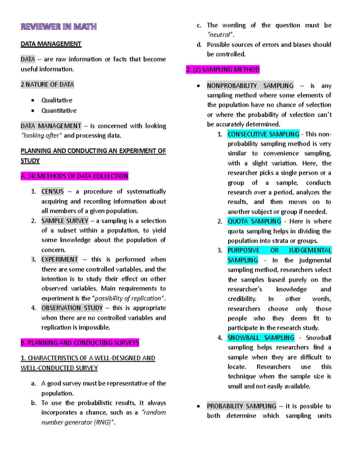 Reviewer-IN-MATH - Lecture notes - DATA MANAGEMENT DATA – are raw ...