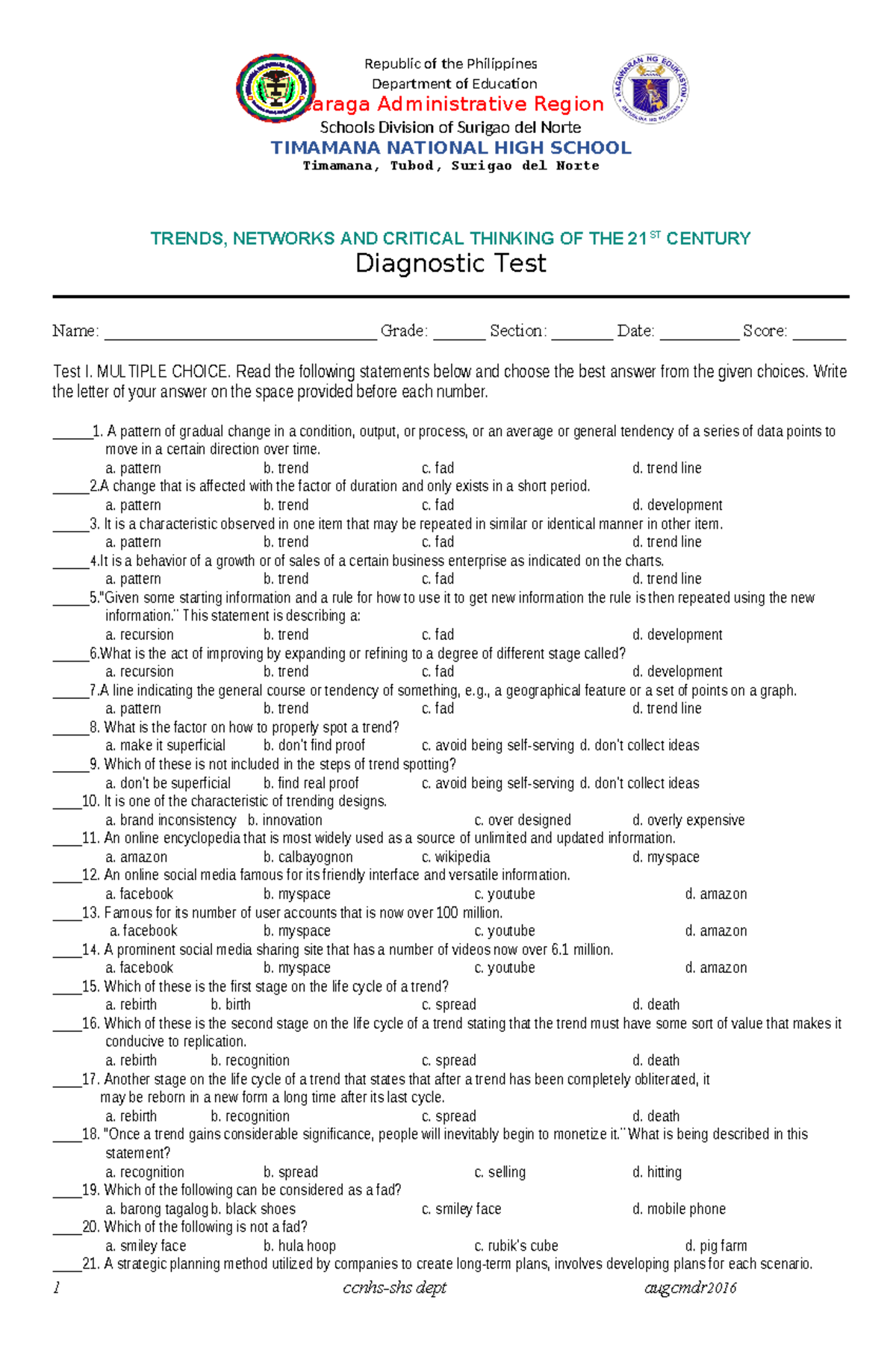 TNCT Midtern Exam - Useful notes for teachers! - Republic of the ...