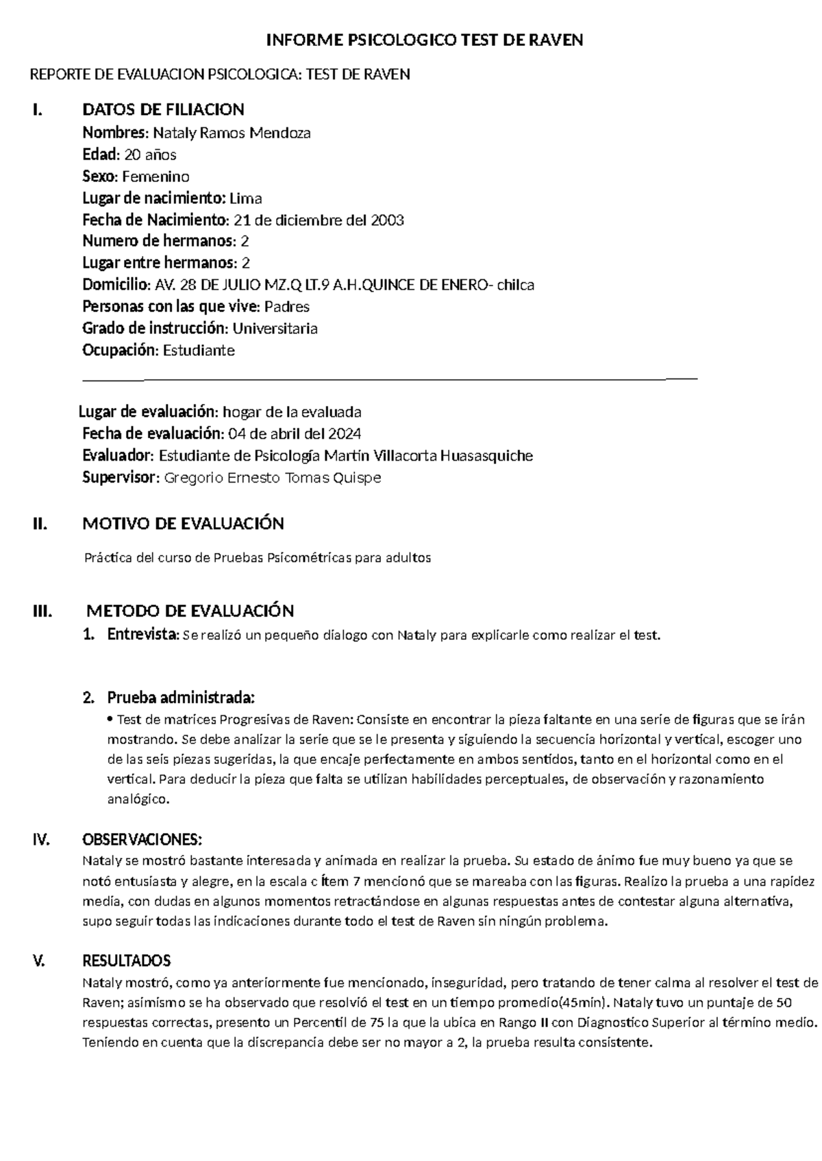 test de Raven N.R.M - INFORME PSICOLOGICO TEST DE RAVEN REPORTE DE ...