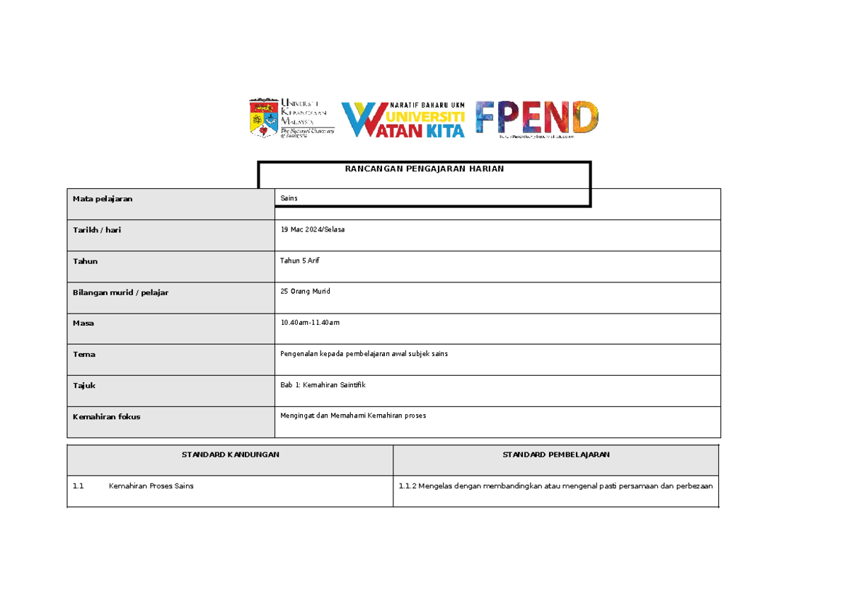 RPH Sains T5 C1.1 M2 - RANCANGAN PENGAJARAN HARIAN Mata pelajaran Sains ...
