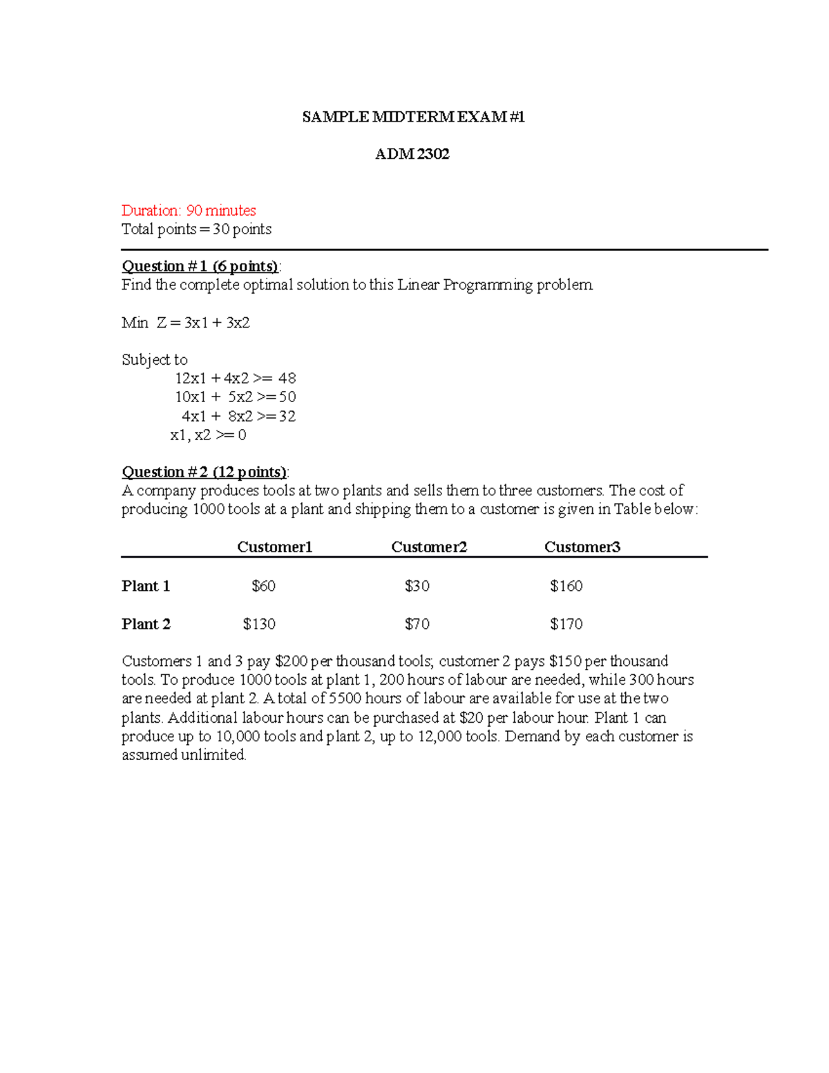 3. Sample 1 - SAMPLE MIDTERM EXAM ADM 2302 Duration: 90 minutes Total ...