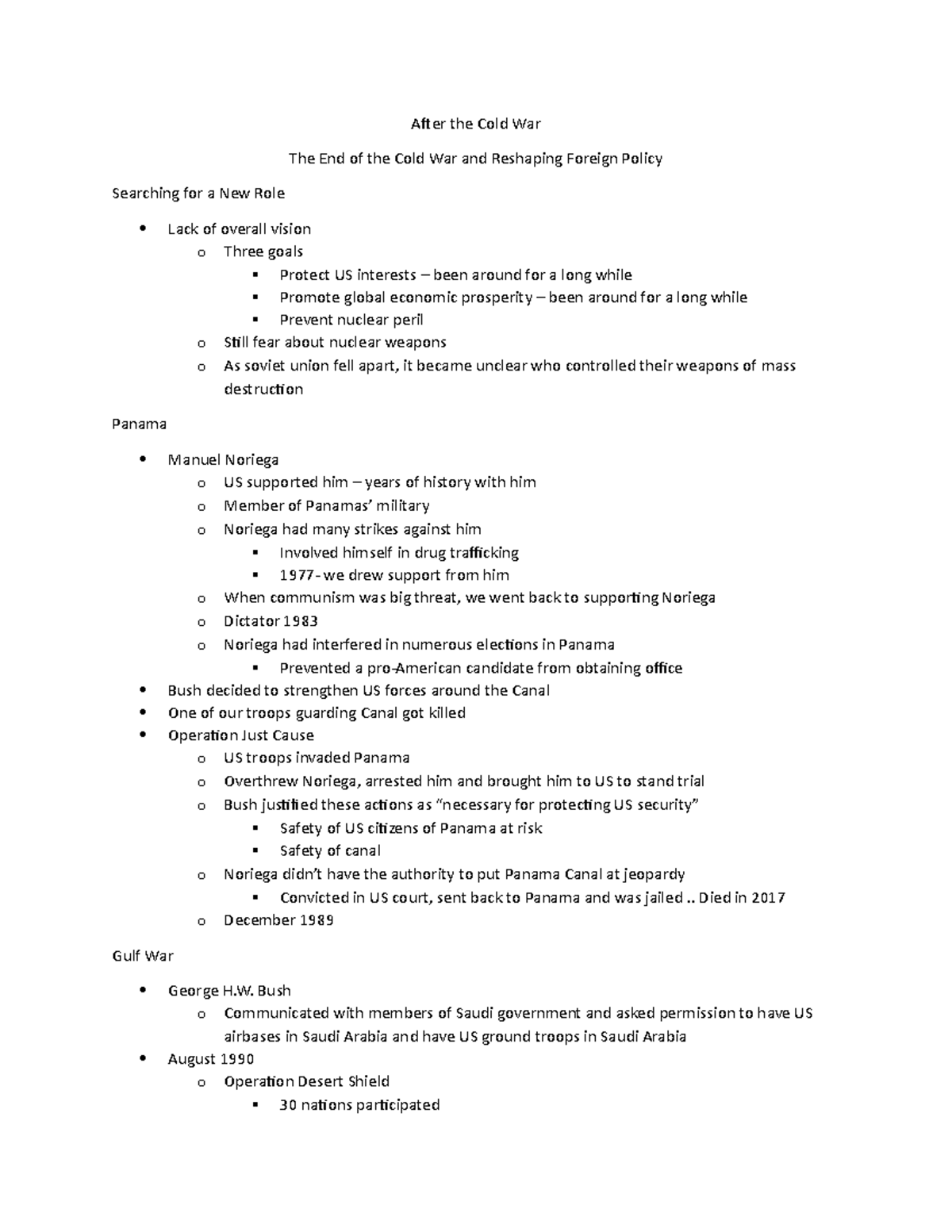 After the Cold War - Lecture notes 11 - After the Cold War The End of ...