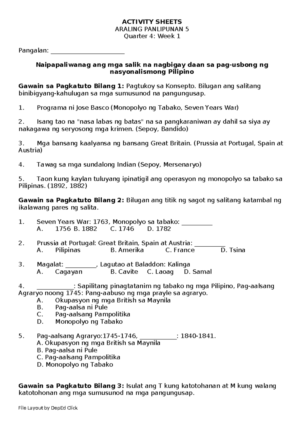 araling panlipunan activity sheets for learnings - ACTIVITY SHEETS ...