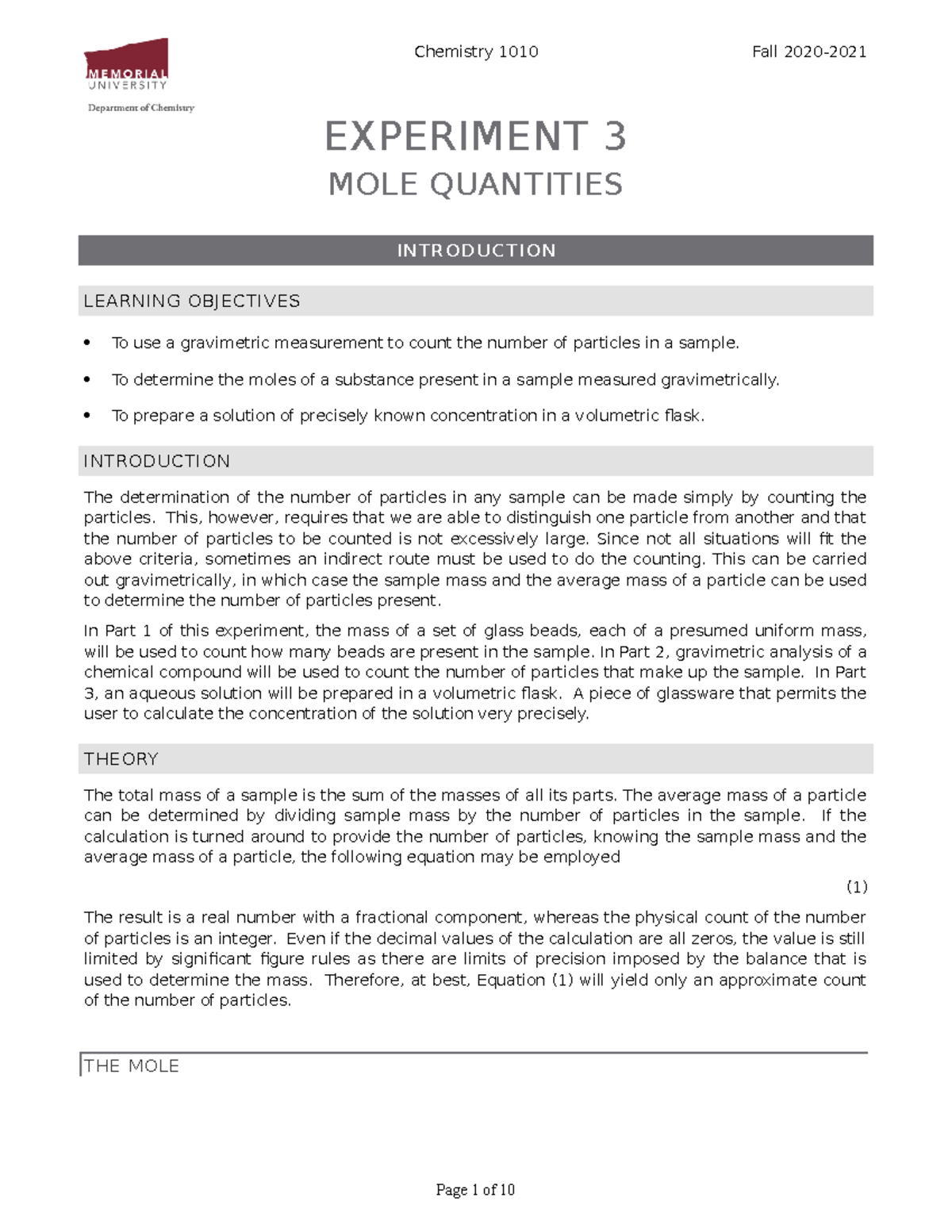 Lab 3 - Experimental (Chem 1010 Fall 2020) - Chemistry 1010 Fall 2020- EXPERIMENT 3 MOLE ...