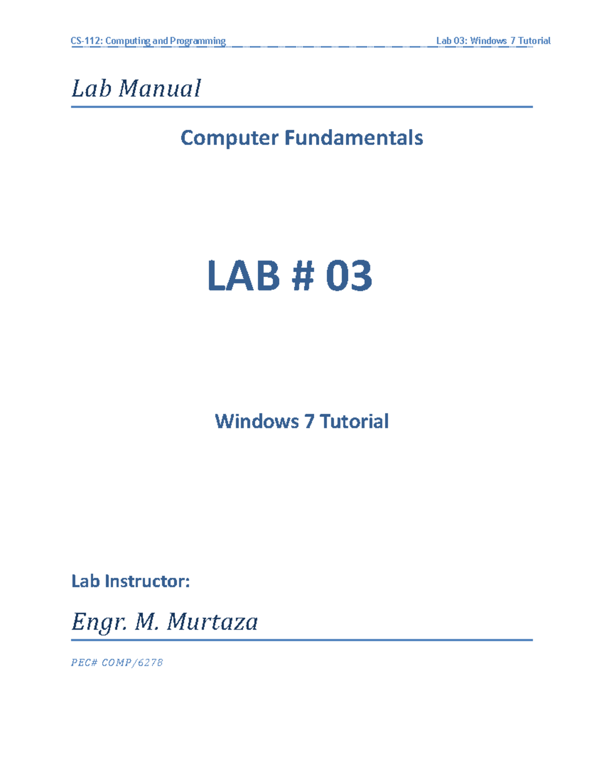 Lab 3 - Windows 7 Tutorial - Lab Manual Computer Fundamentals Windows 7 Tutorial Lab Instructor ...
