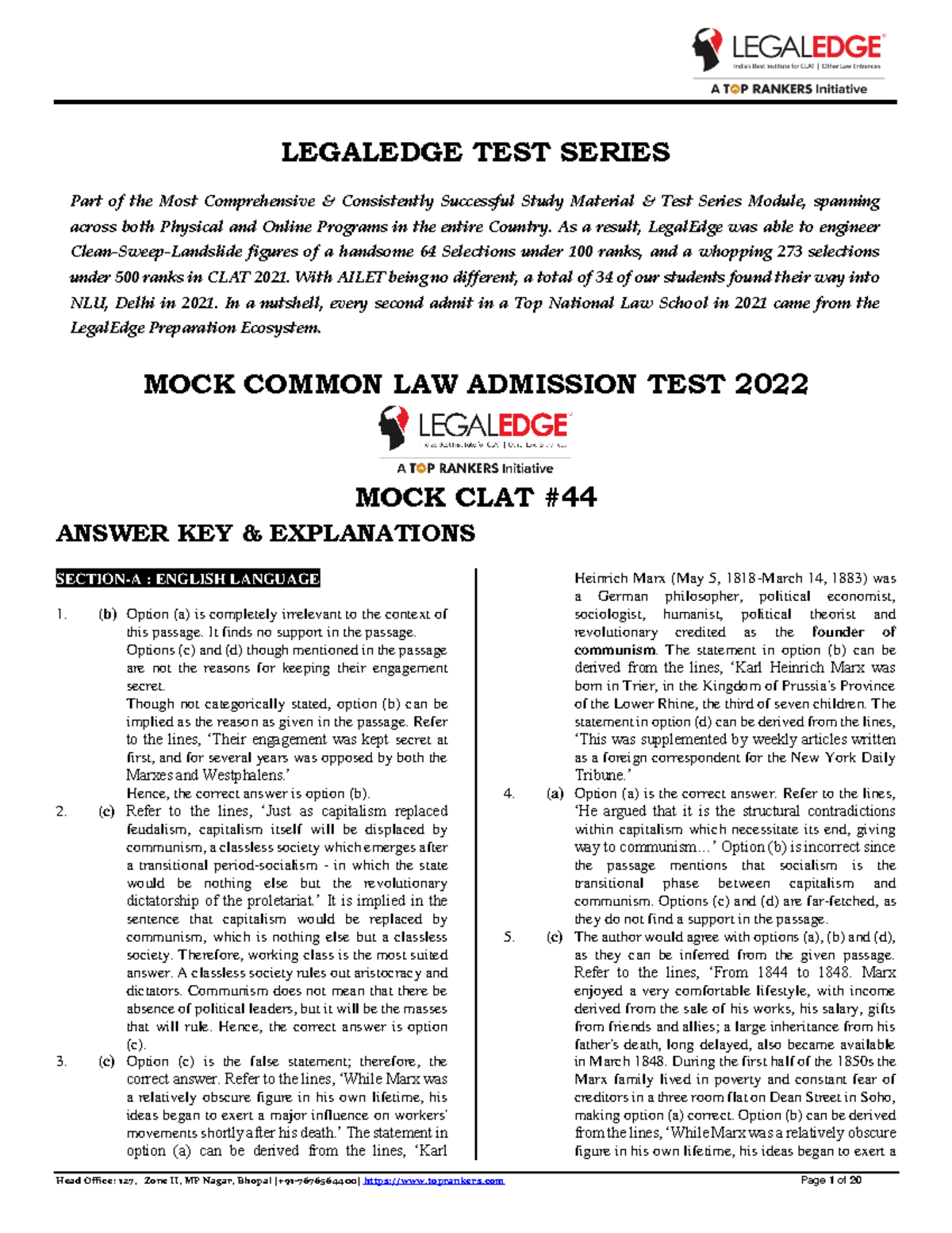 Mock CLAT 44 Explanations - LEGALEDGE TEST SERIES Part of the Most ...
