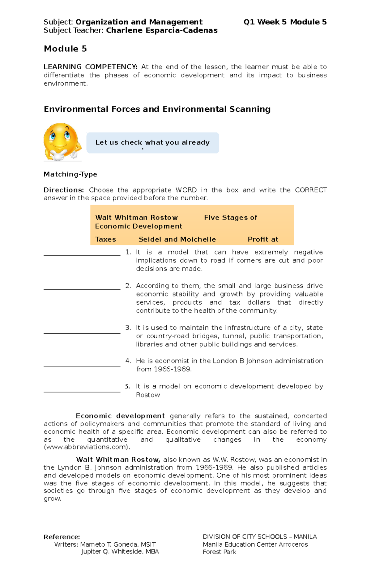 Q1 W5 Mod5 Economic Phasesof Development - Subject Teacher: Charlene ...