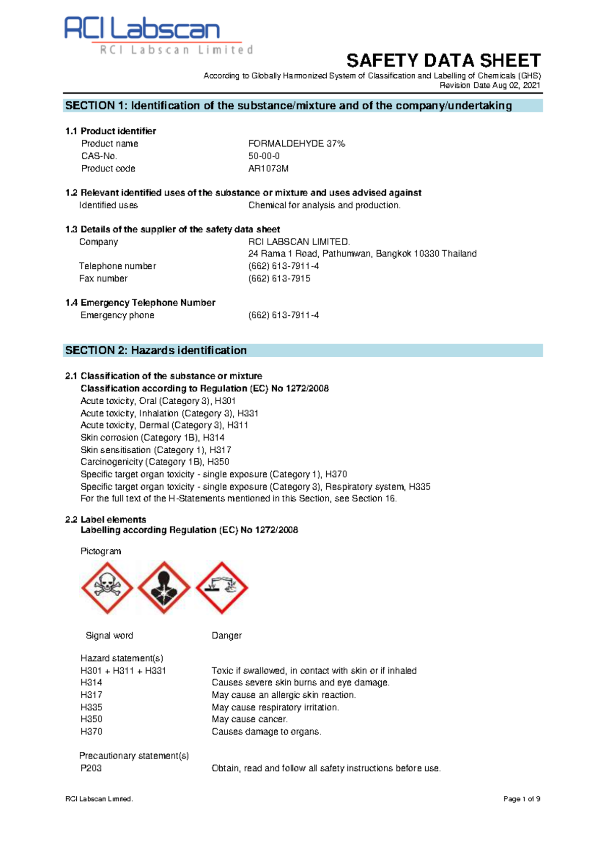 Formaldehyde 37 E 020821 - SAFETY DATA SHEET According to Globally ...