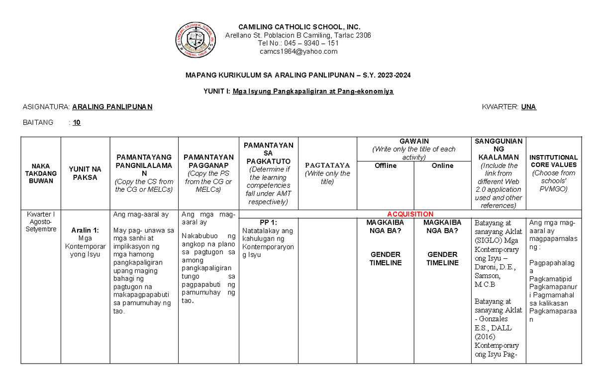 Curriculum MAP AP10 Q2 - CAMILING CATHOLIC SCHOOL, INC. Arellano St ...
