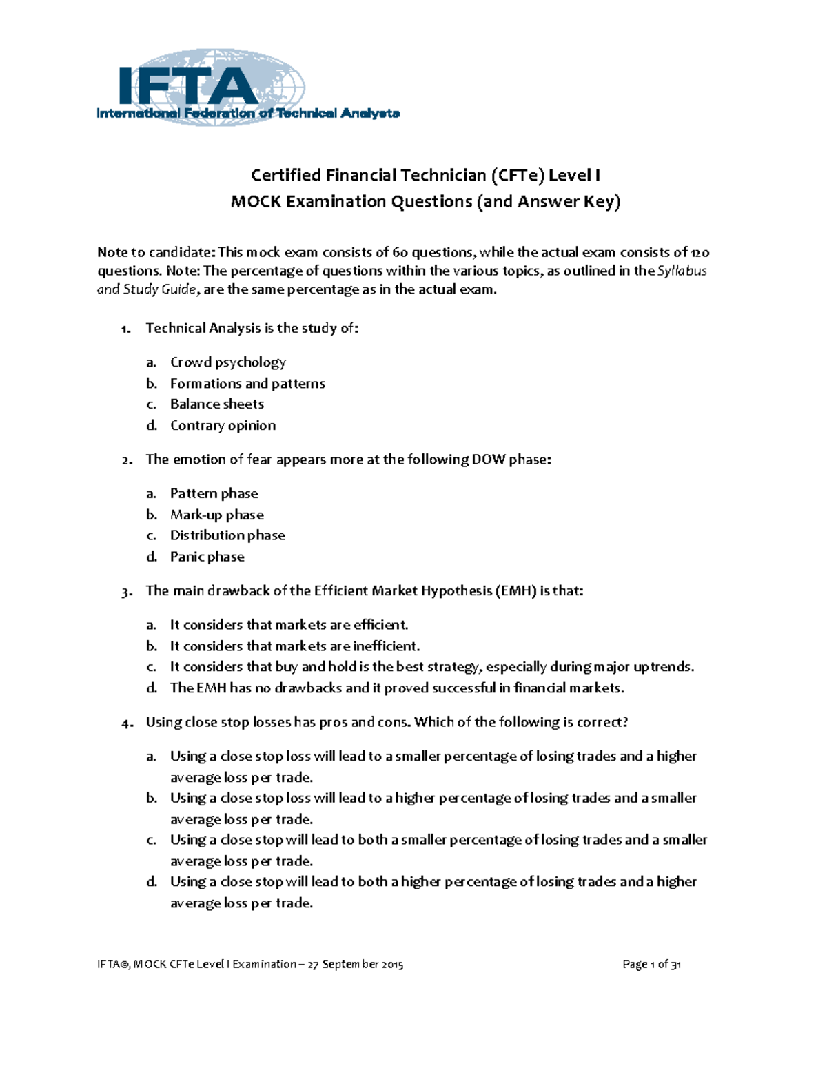 IFTA CFTe I Mock Exam Hi Document Certified Financial Technician