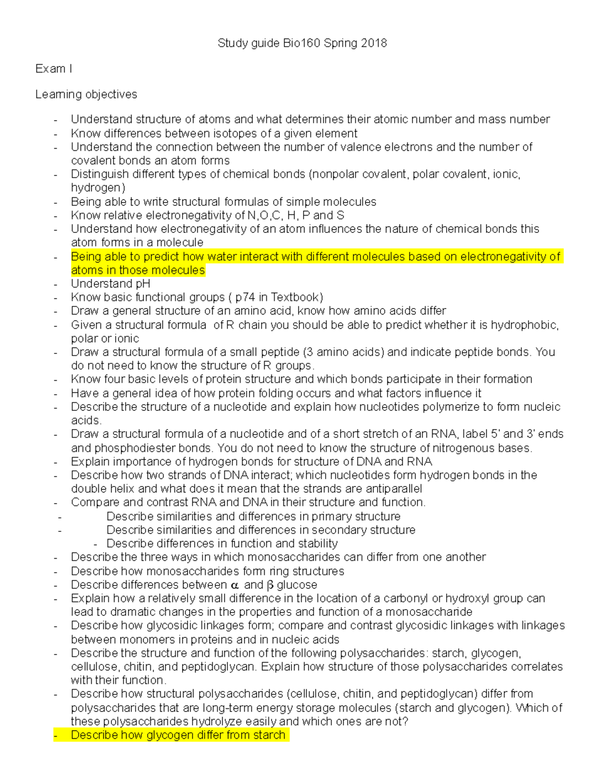 Bio exam study guide 1 - Study guide Bio160 Spring 2018 Exam I Learning ...
