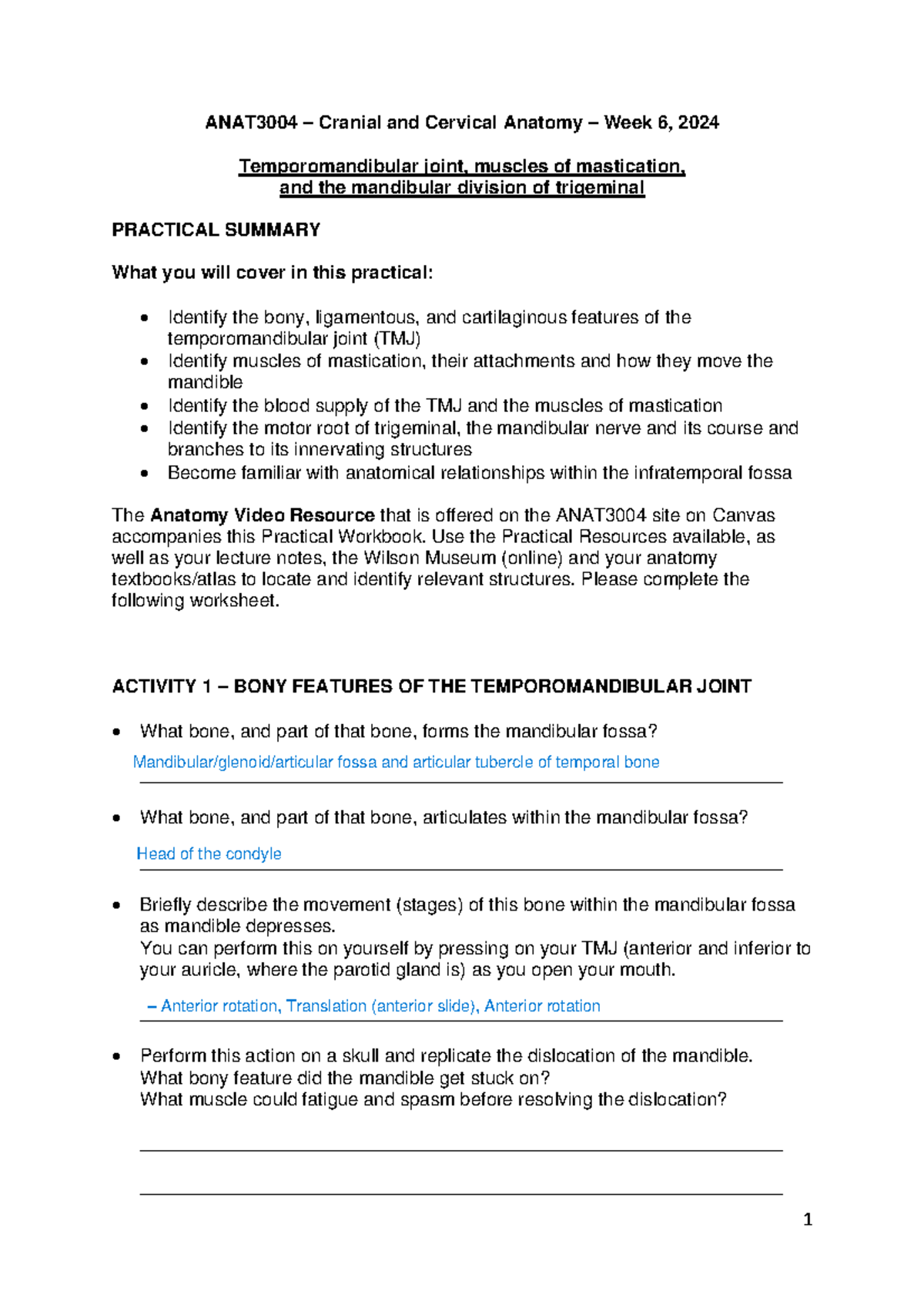W6 Practical Worksheet (TMJ) 2024 - ANAT3004 – Cranial and Cervical ...