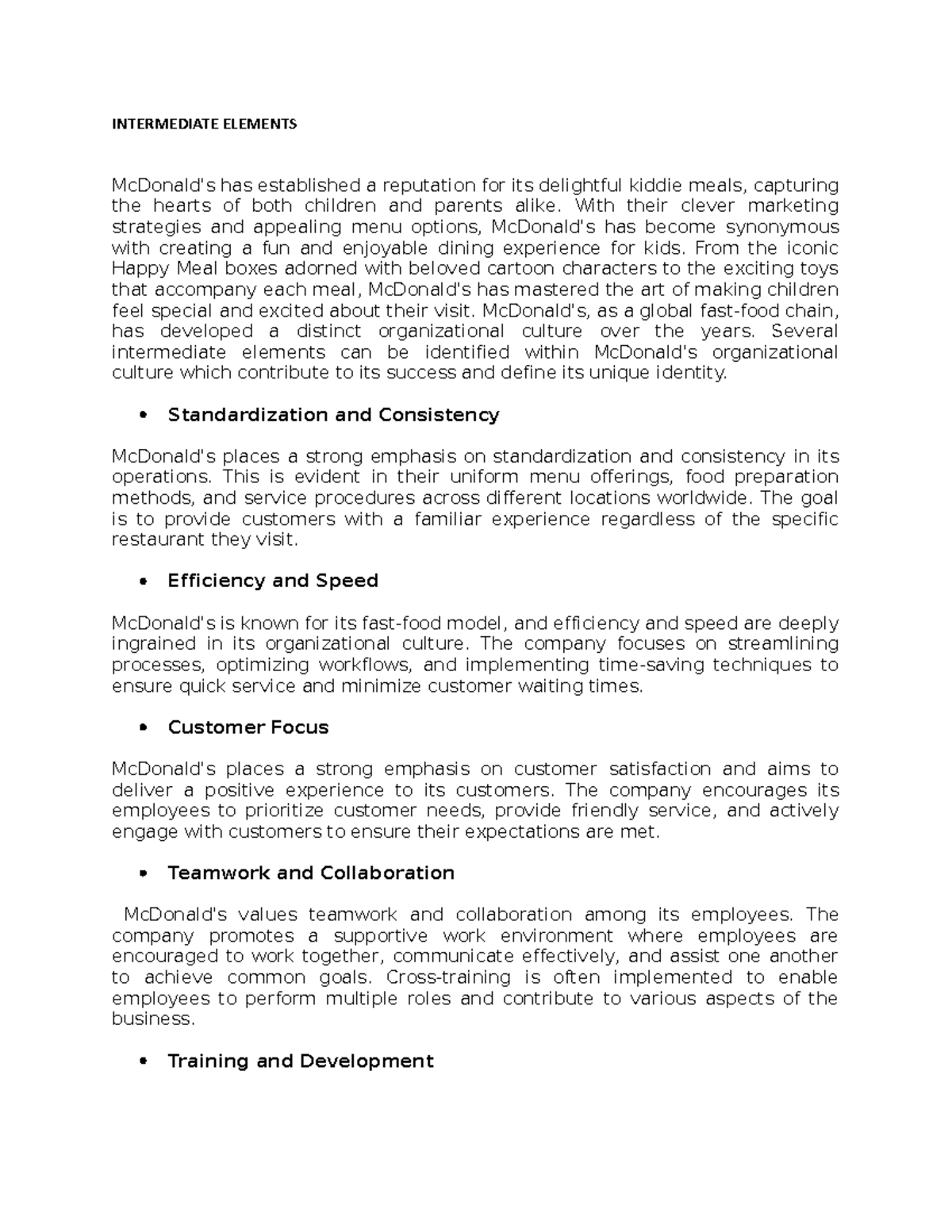 Intermediate Elements - INTERMEDIATE ELEMENTS McDonald's has ...
