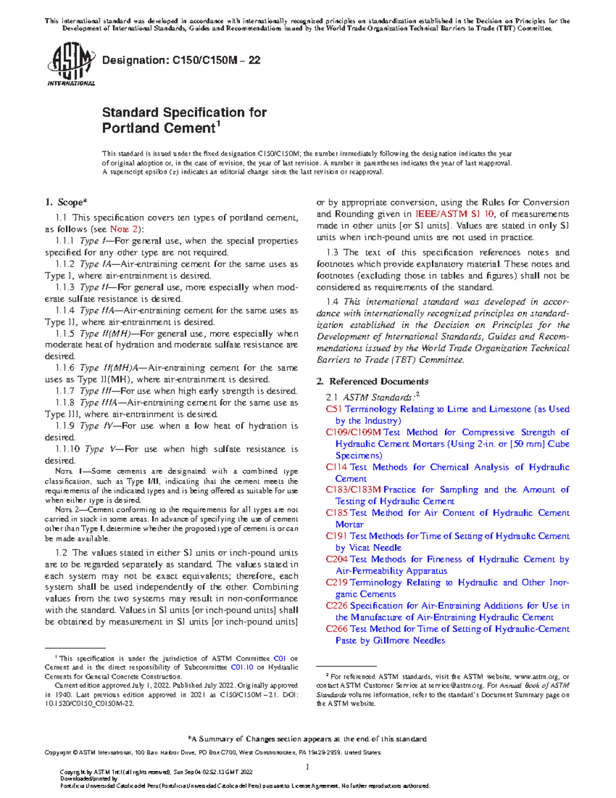 ASTM C150 -22 Standard Specification for Portland Cement - Designation ...