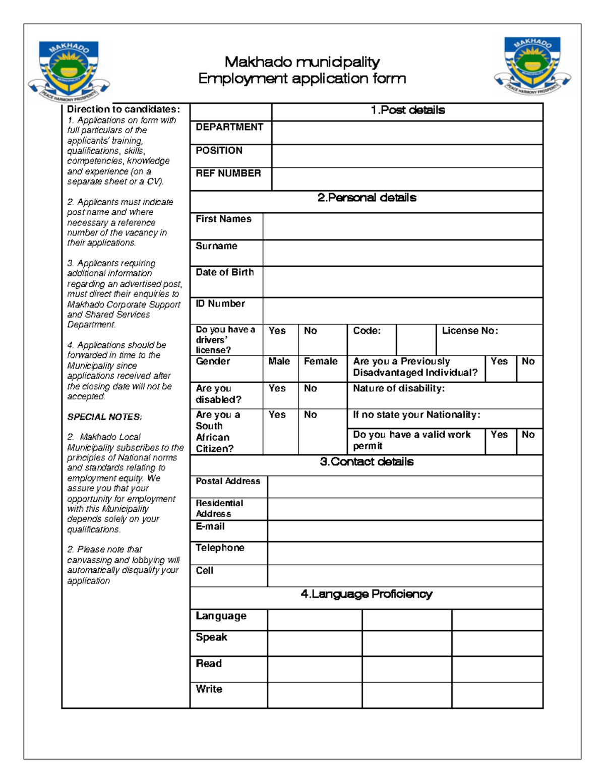 Application form-Permanent Employees - Makhado municipality Employment ...