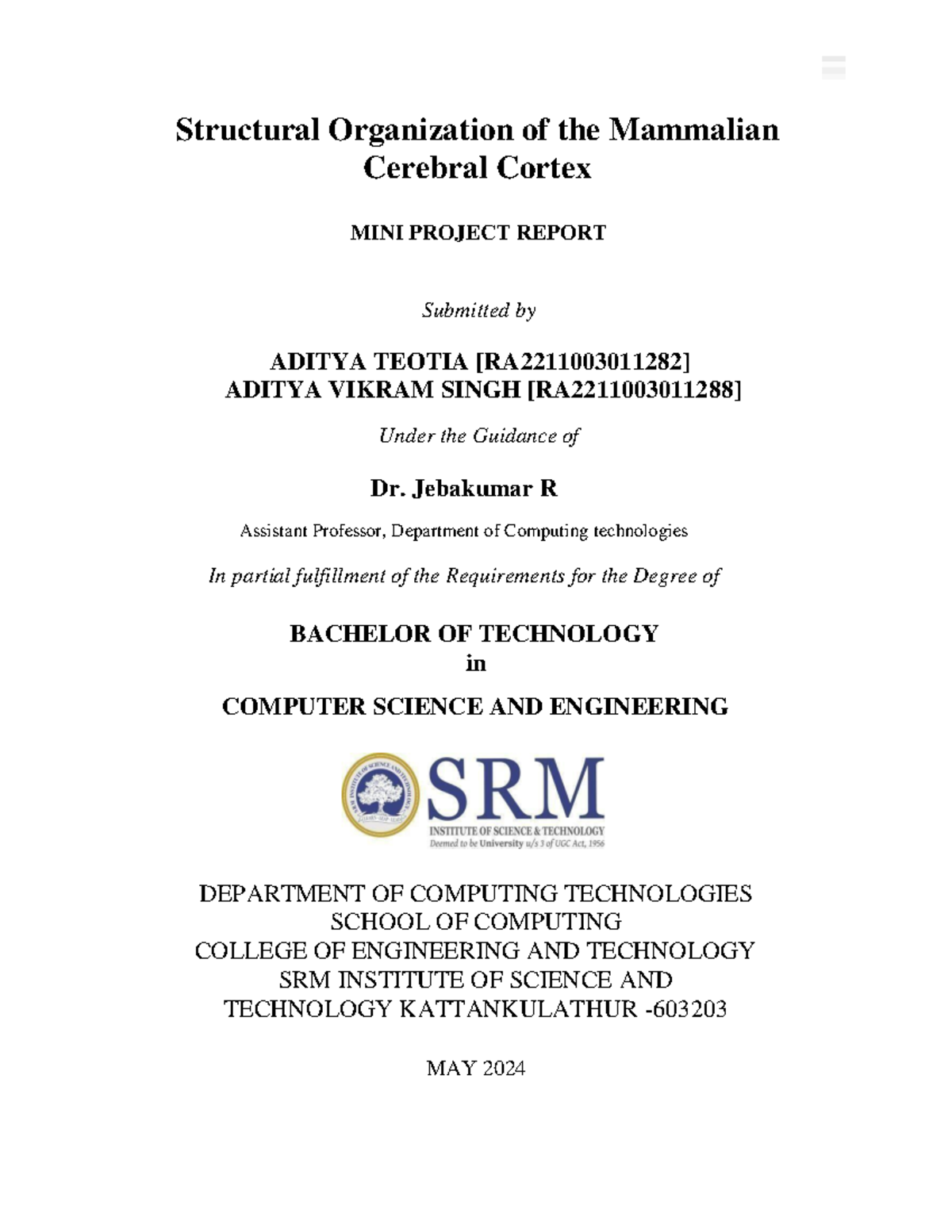 Dbms Final Report Structural Organization Of The Mammalian Cerebral Cortex Mini Project Report 