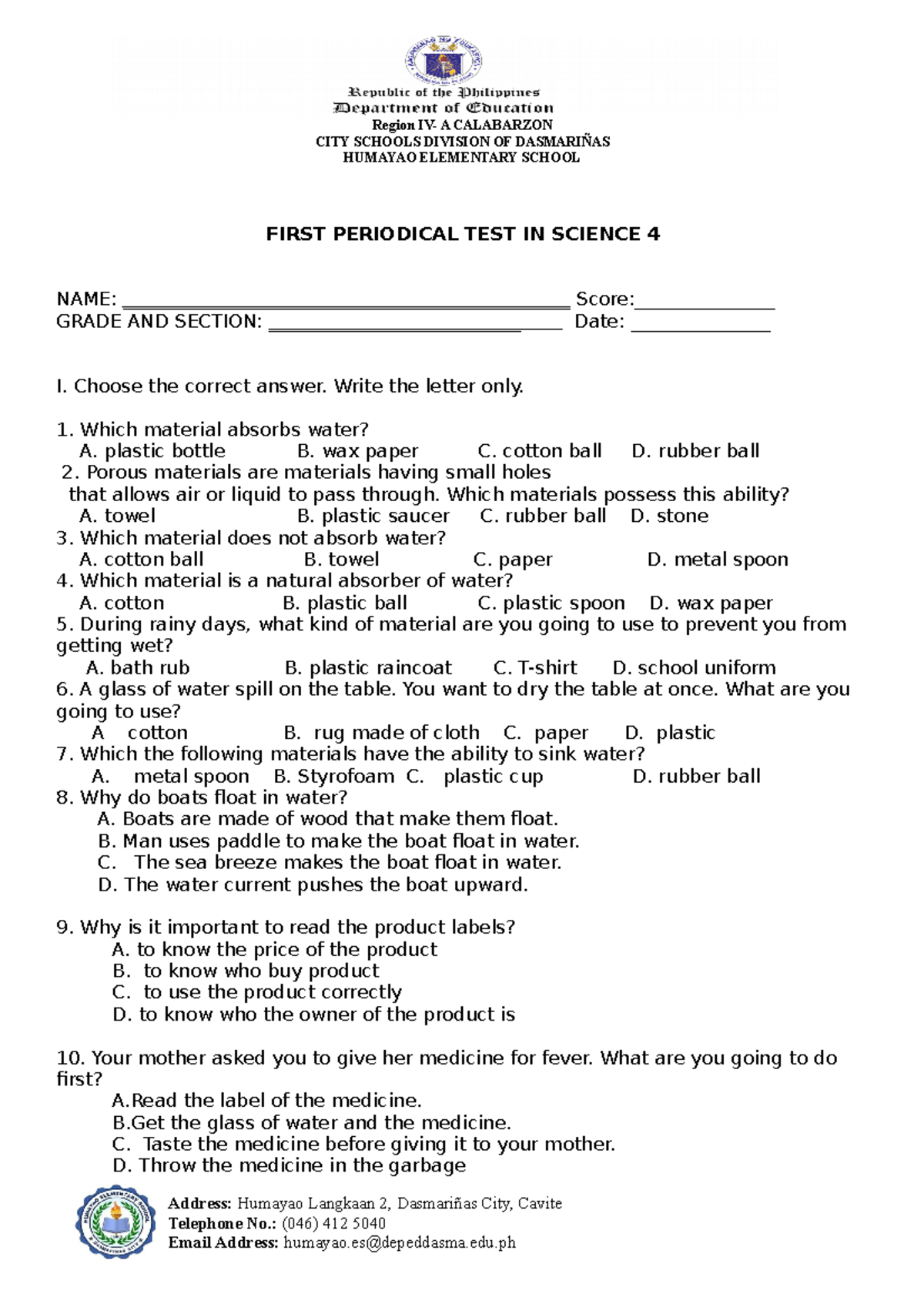 First Quarter EXAM IN Science 4 - CITY SCHOOLS DIVISION OF DASMARIÑAS HUMAYAO ELEMENTARY SCHOOL ...